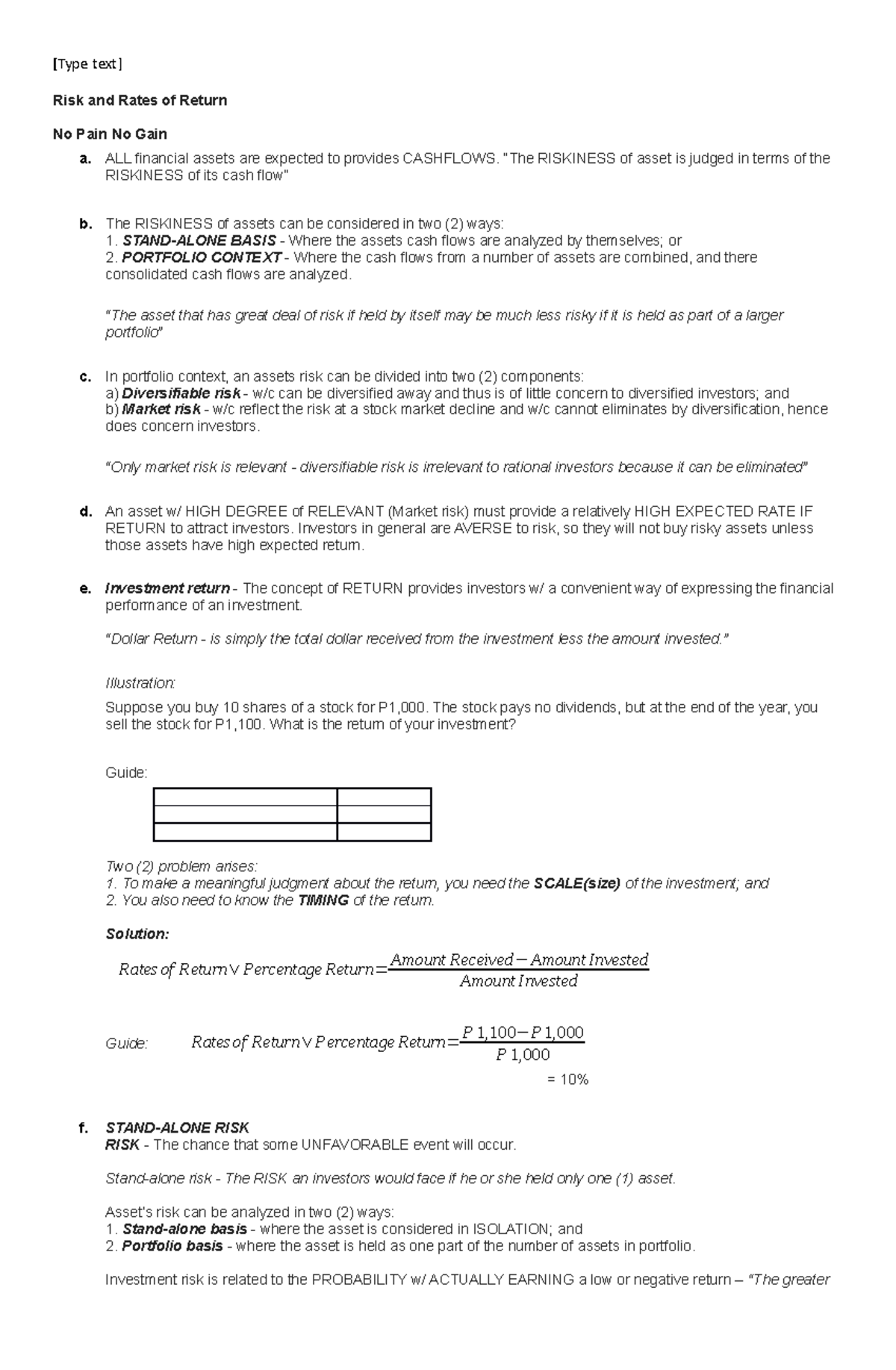 Risk and Return - Lecture notes 3 - Risk and Rates of Return No Pain No ...