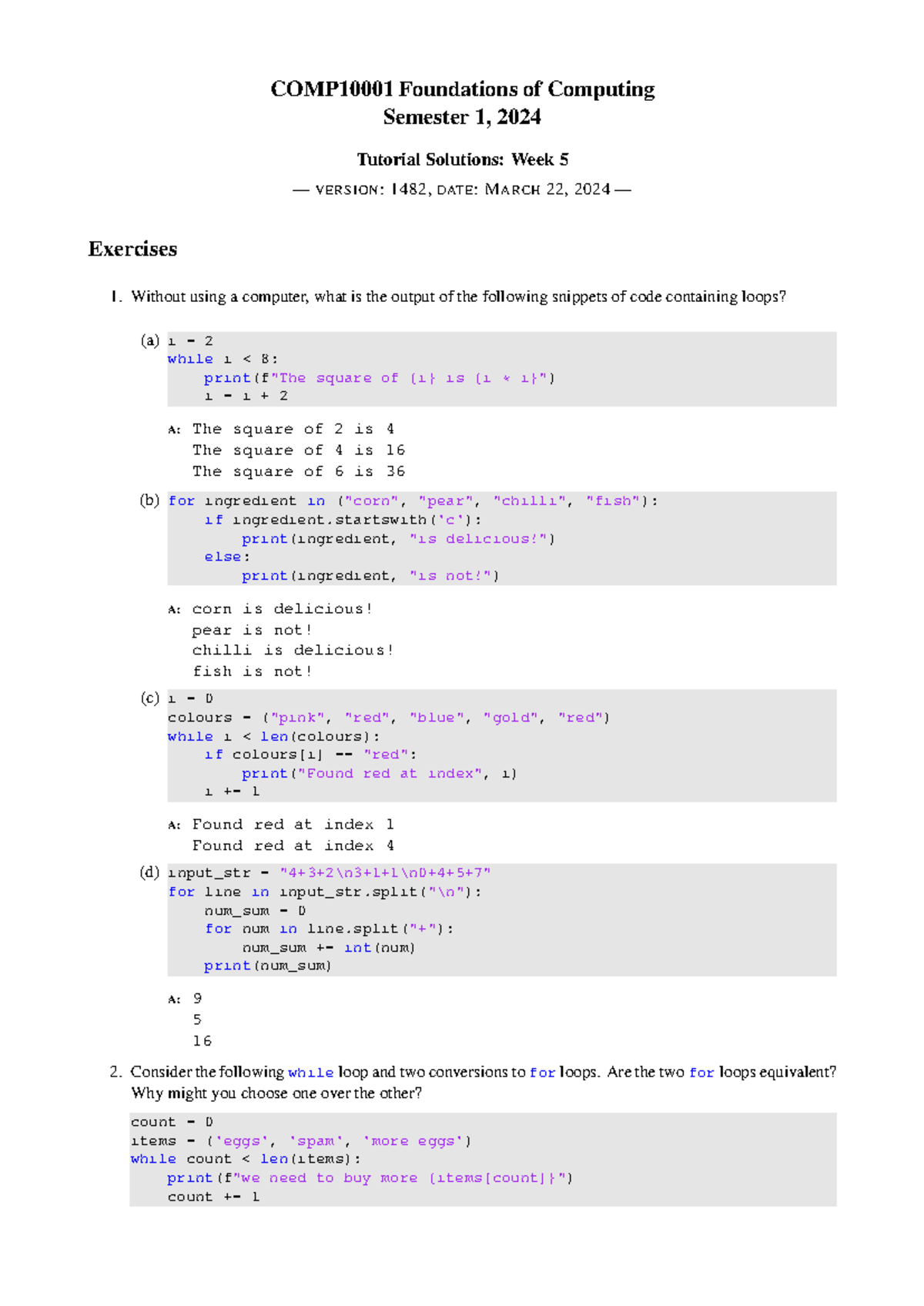 Tutesheet Week5 Solutions - COMP10001 Foundations of Computing Semester ...