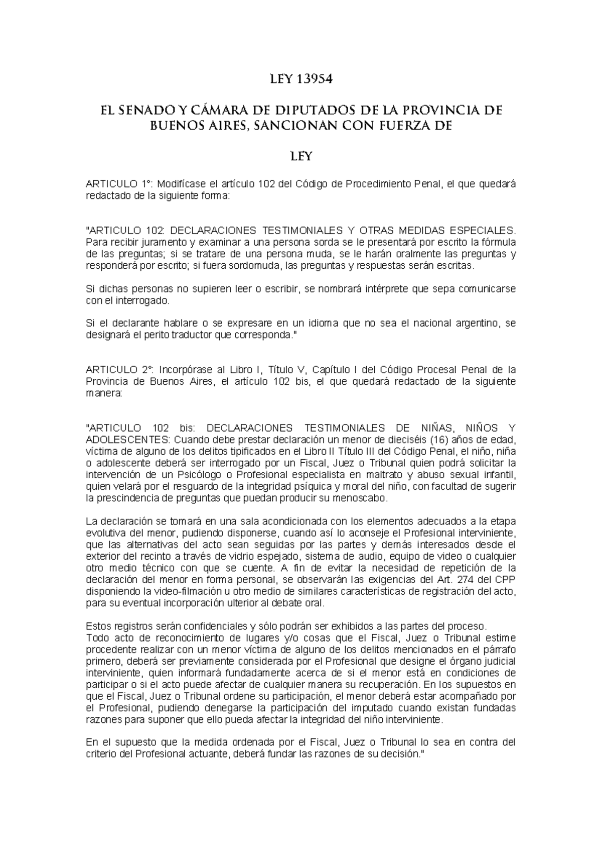 LEY 13954 - LEY 13954 EL SENADO Y CÁMARA DE DIPUTADOS DE LA PROVINCIA ...