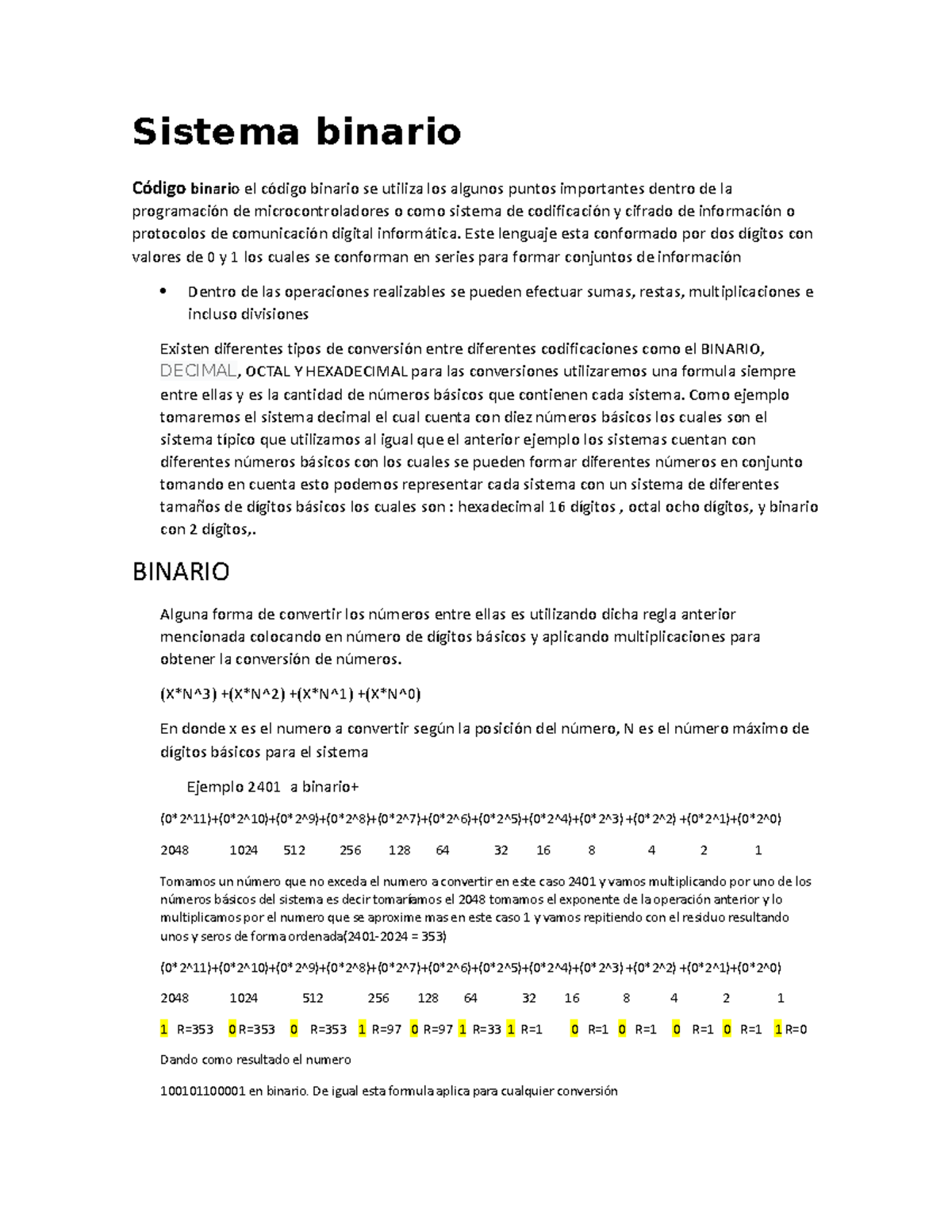 Sistema binario y converciones - Sistema binario Código binario el ...