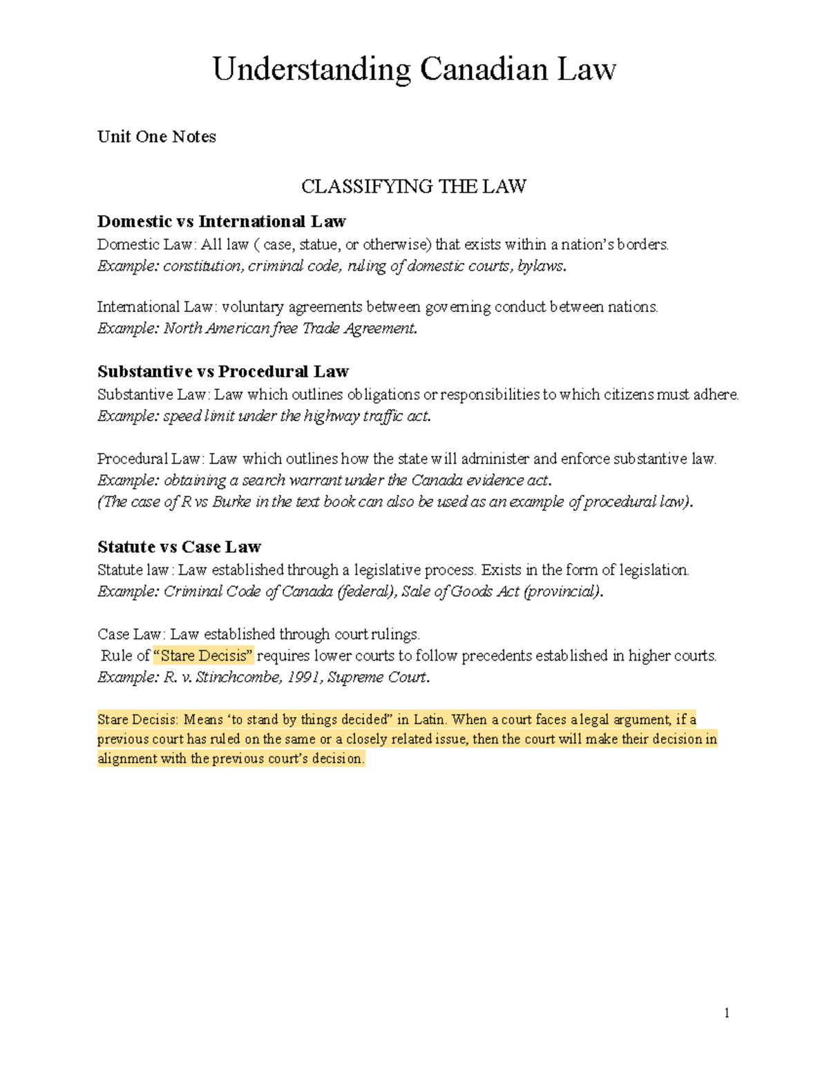 Understanding Canadian Law Unit One (Notes) - Unit One Notes ...