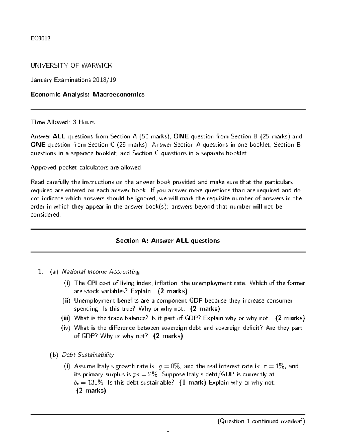 EC901 Economic Analysis AA: Practice Paper - UNIVERSITY OF WARWICK ...
