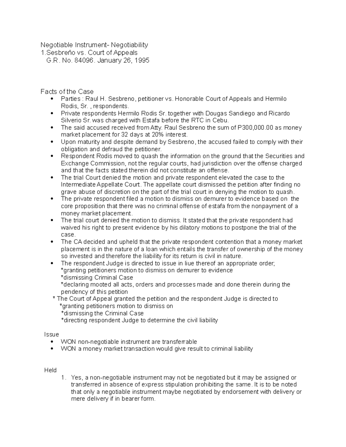 1.- Sesbreno-VS - none - Negotiable Instrument- Negotiability 1ño vs ...
