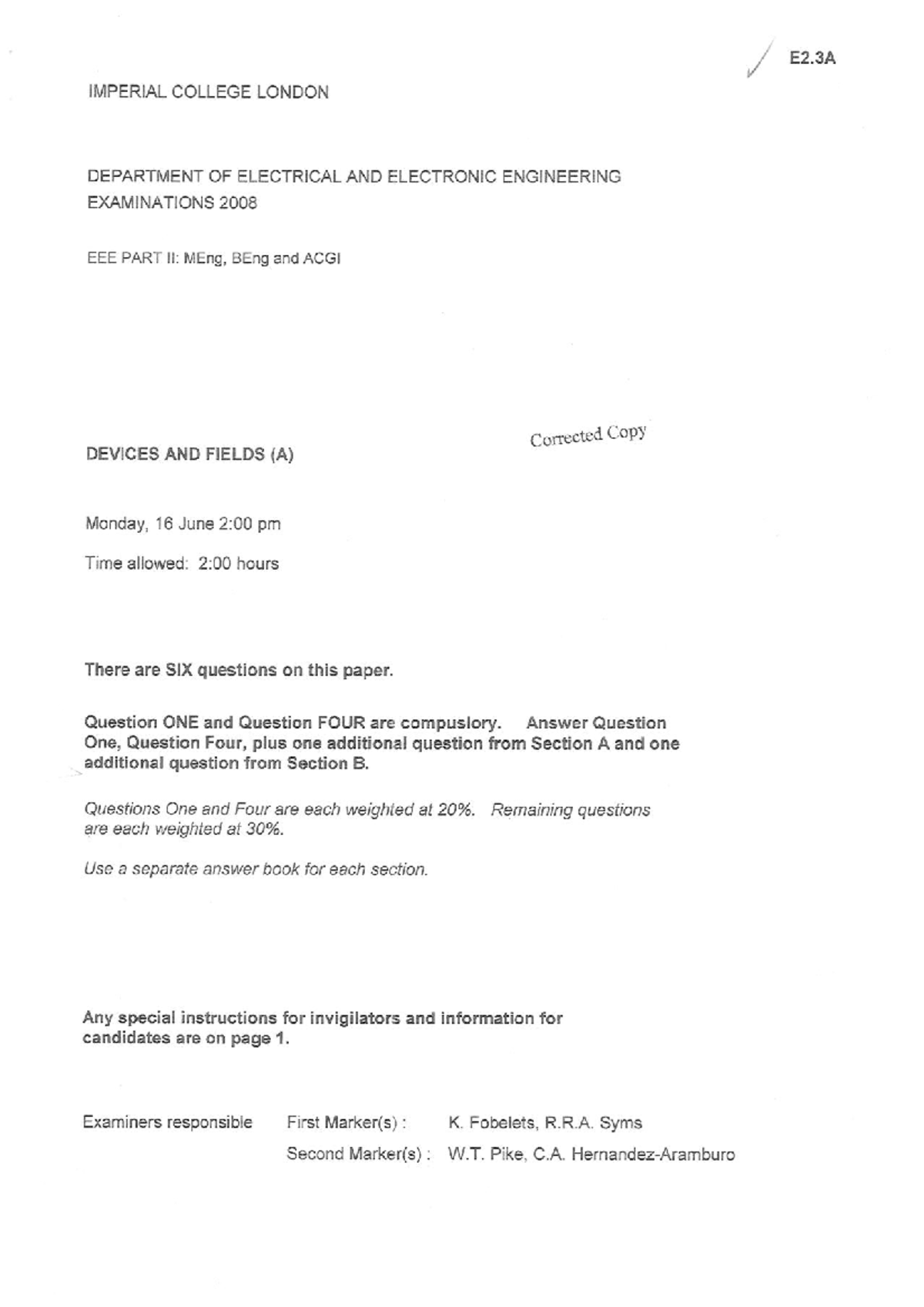 Exam 2008, questions - E2.3A - Studocu