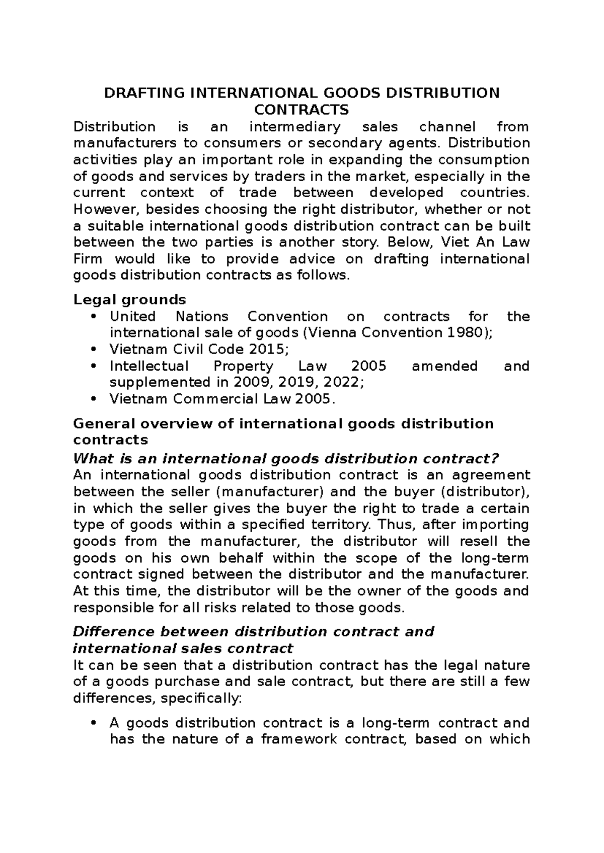 Drafting international goods distribution contracts - DRAFTING INTERNATIONAL GOODS DISTRIBUTION ...