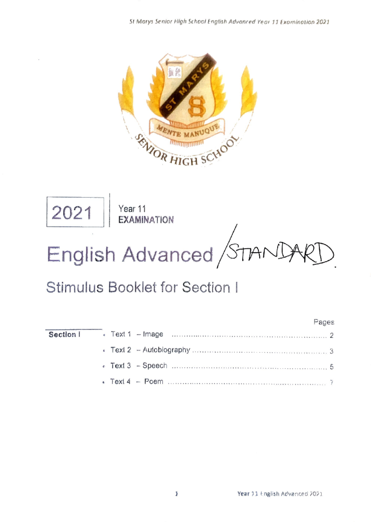 2021 YR 11 Reading papera - St M a r y s Senior H i g h School English ...