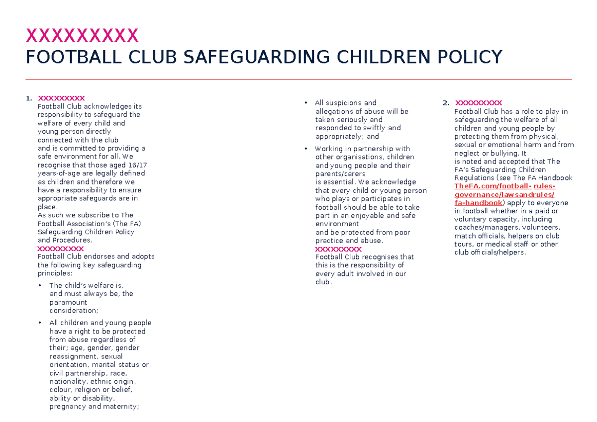 Safeguarding policy for clubs with 16 17 year old players - XXXXXXXXX ...