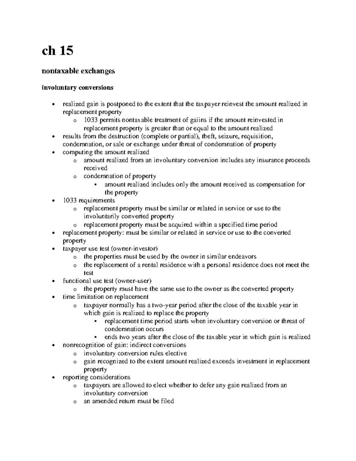 Individual Taxation Final Notes - ch 15 nontaxable exchanges ...