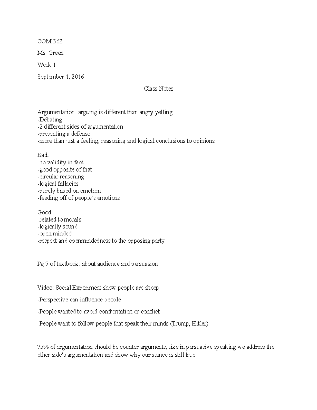 September 1 (Week 1 Thursday) - COM 362 Ms. Green Week 1 September 1 ...