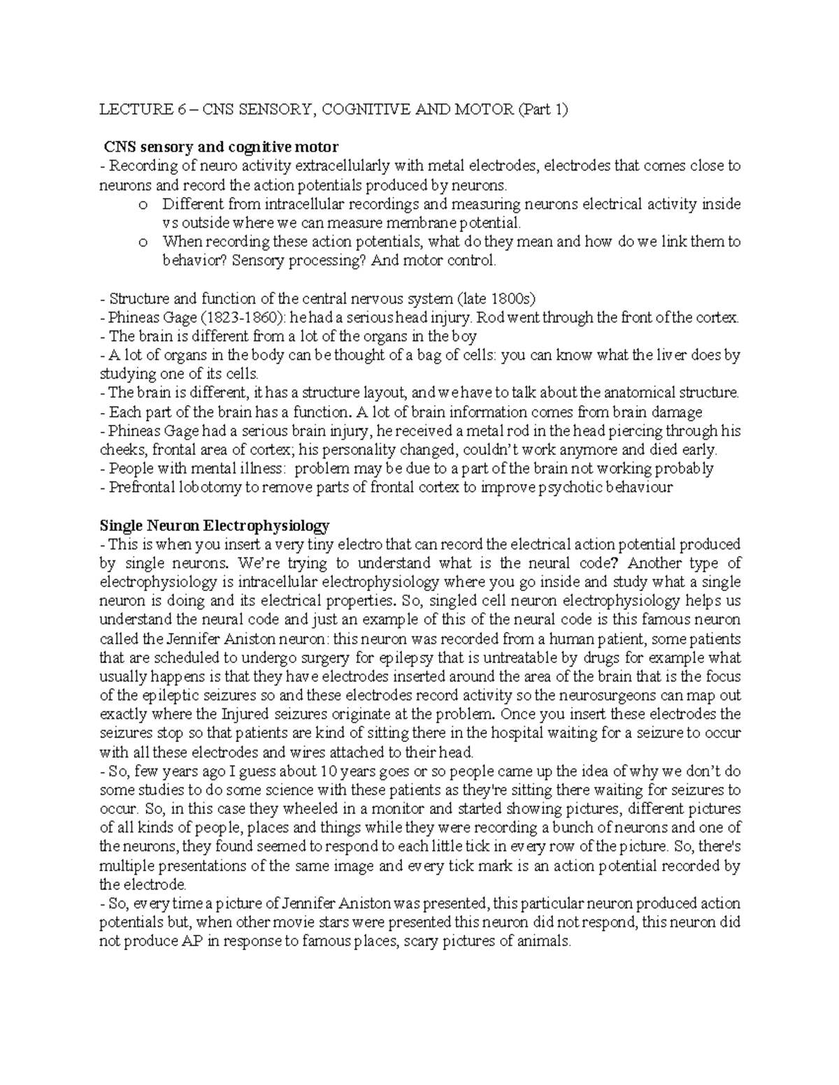 Lecture 6 – CNS Sensory, Cognitive AND Motor (Part 1) - LECTURE 6 – CNS SENSORY, COGNITIVE AND ...