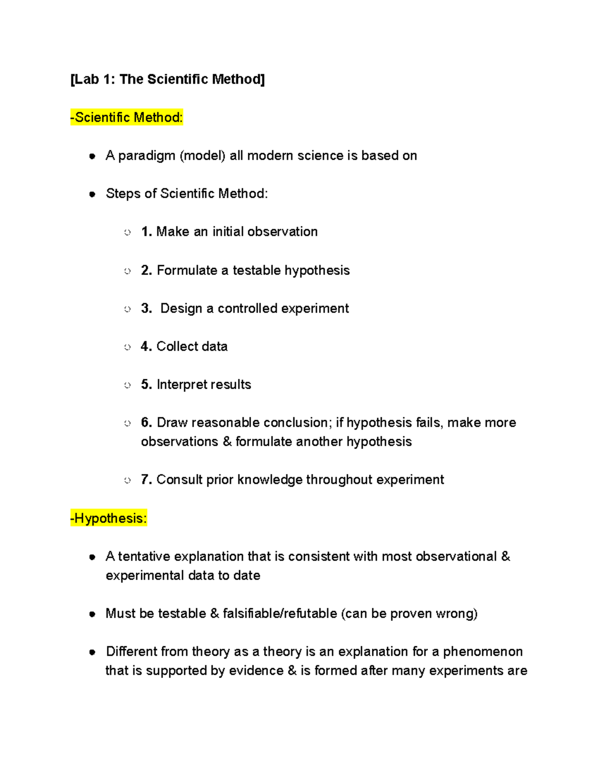 Cell Bio Lab Notes - [Lab 1: The Scientific Method] -Scientific Method ...