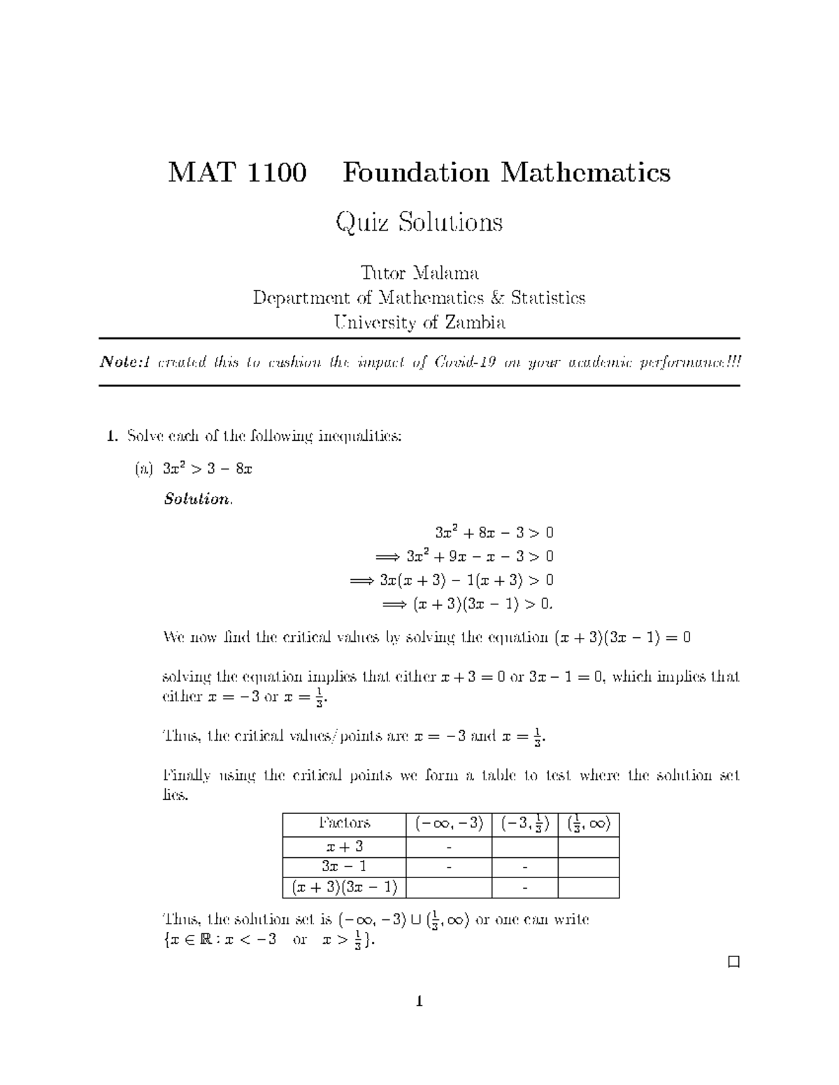 2020 MAT 1100 Quiz 2 Solution - MAT 1100 Foundation Mathematics Quiz ...
