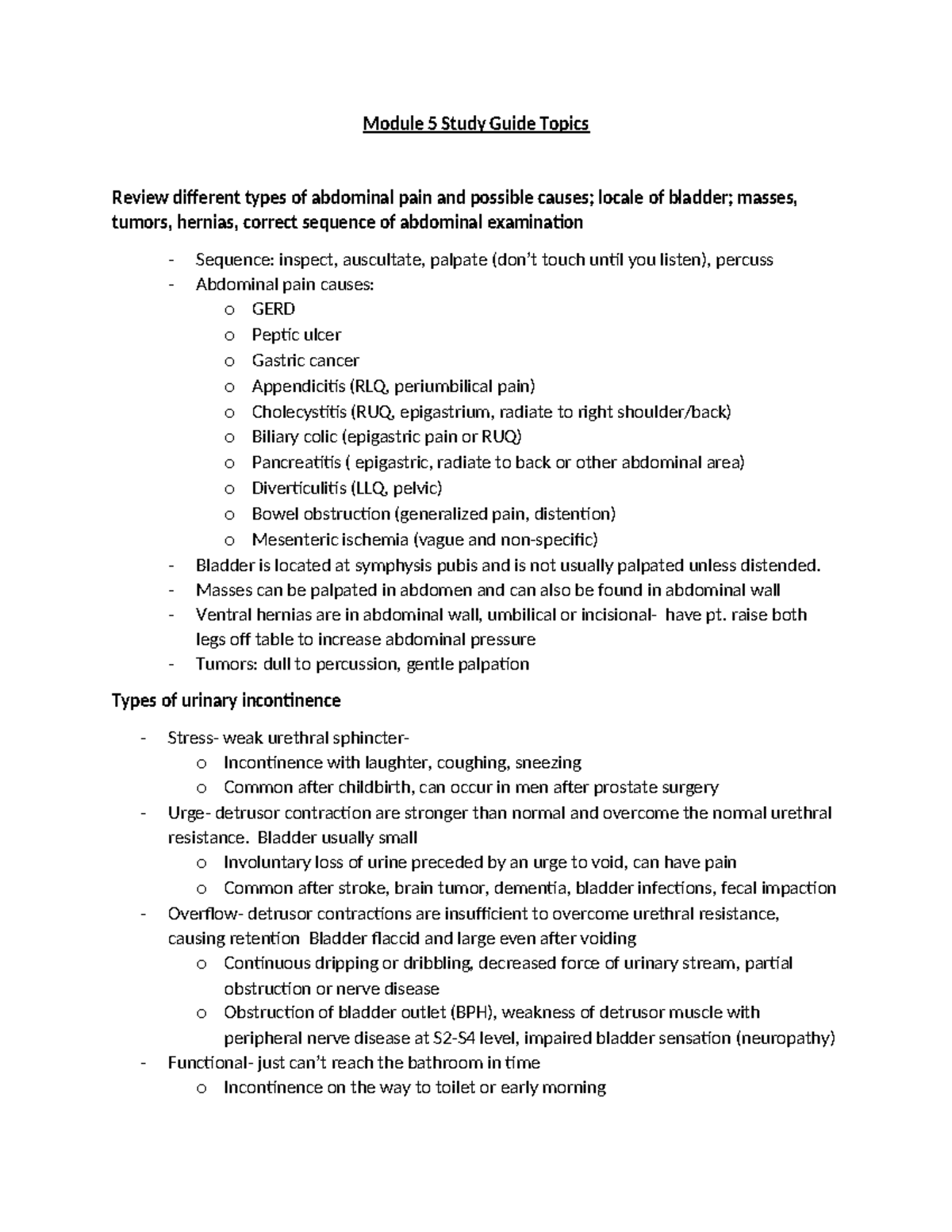 Module 5 Study Guide - Module 5 Study Guide Topics Review different types of abdominal pain and ...