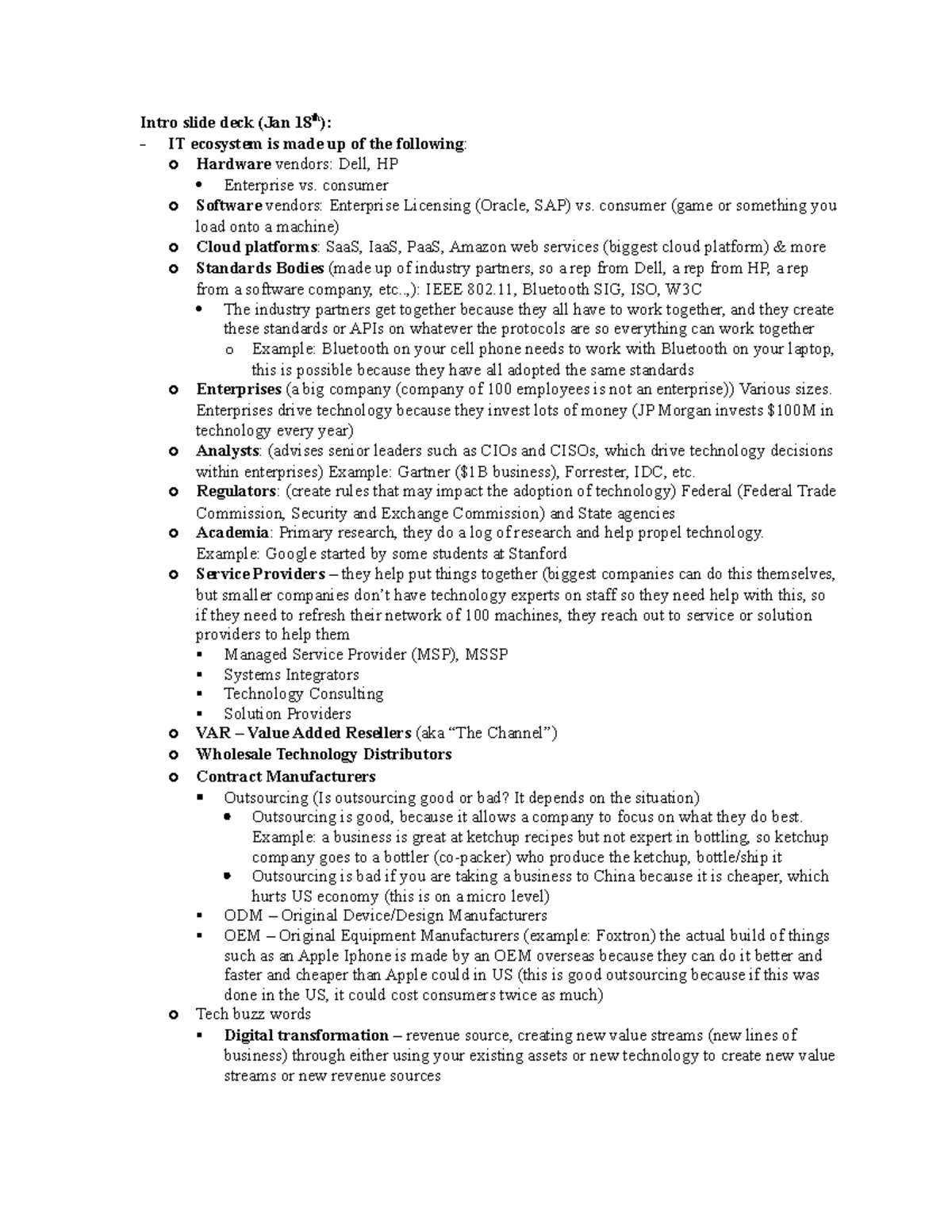 Notes for Final Exam - Dr. Feldman - Intro slide deck (Jan 18th): - IT ...