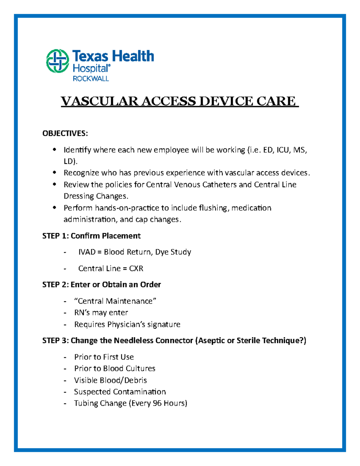 Vascular Access Device Care Reference Guide - VASCULAR ACCESS DEVICE ...