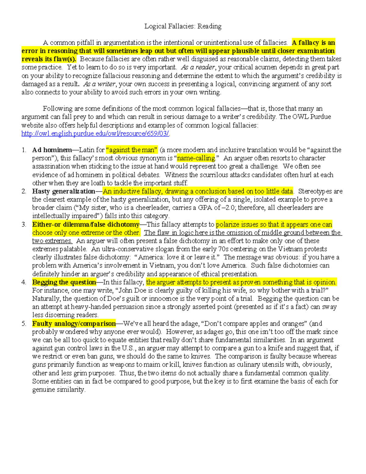 Logical Fallacies LIST - Logical Fallacies: Reading A common pitfall in ...