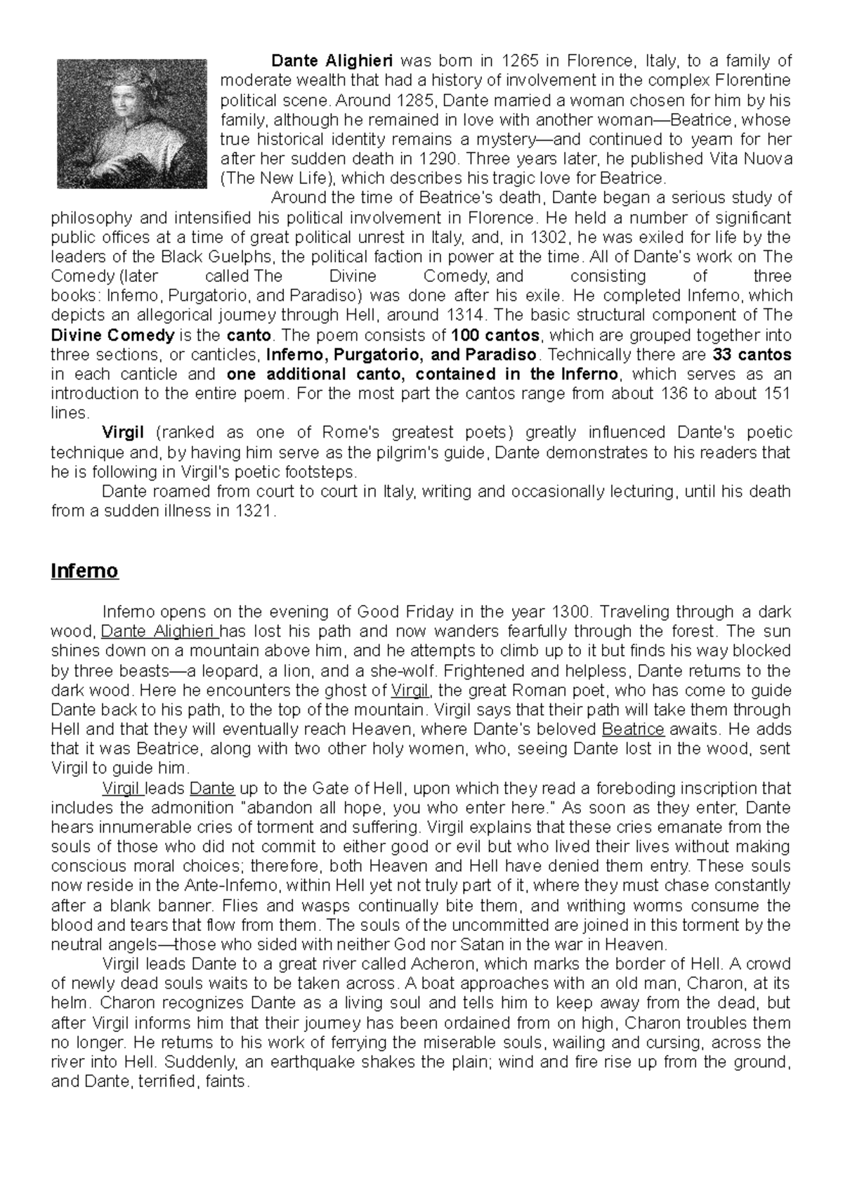 THE Divine Comedy - notes - Dante Alighieri was born in 1265 in ...