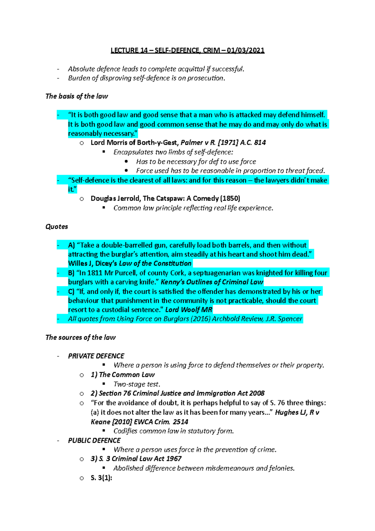 Self-Defence - Criminal law - LECTURE 14 – SELF-DEFENCE, CRIM – 01/03 ...