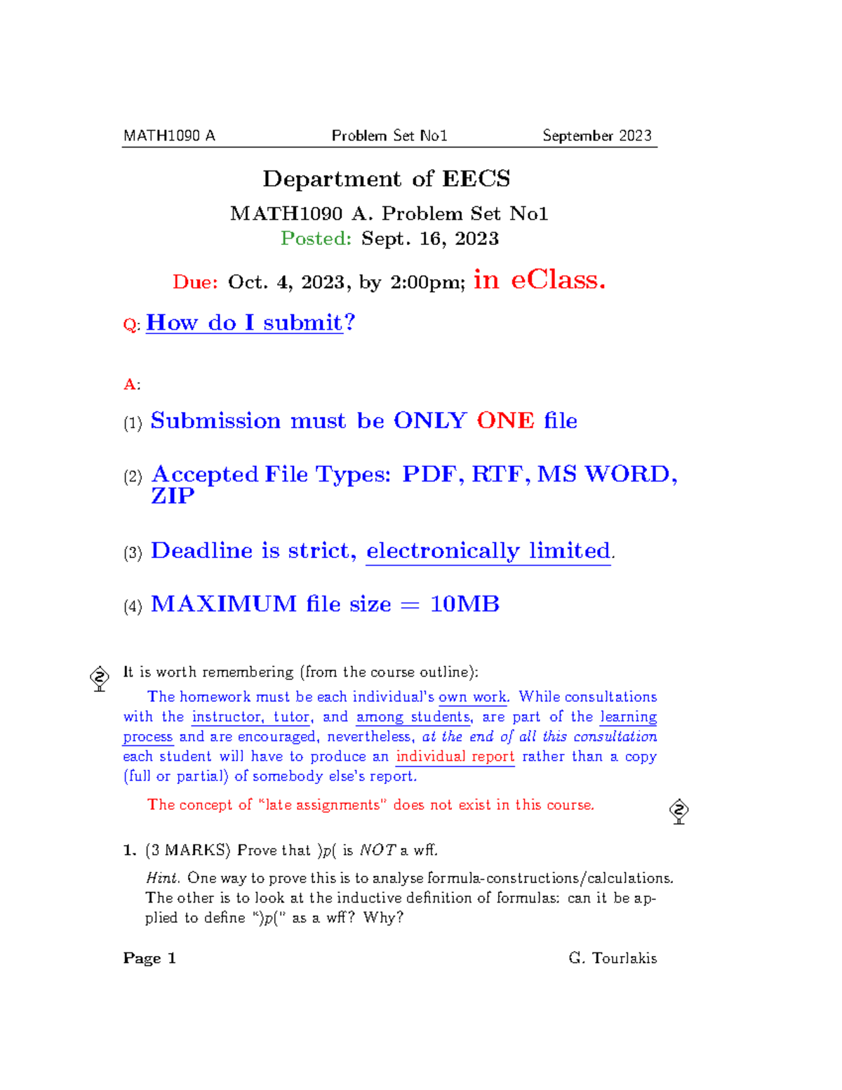 Asg1-F23 - Discrete - MATH1090 A Problem Set No1 September 2023 ...