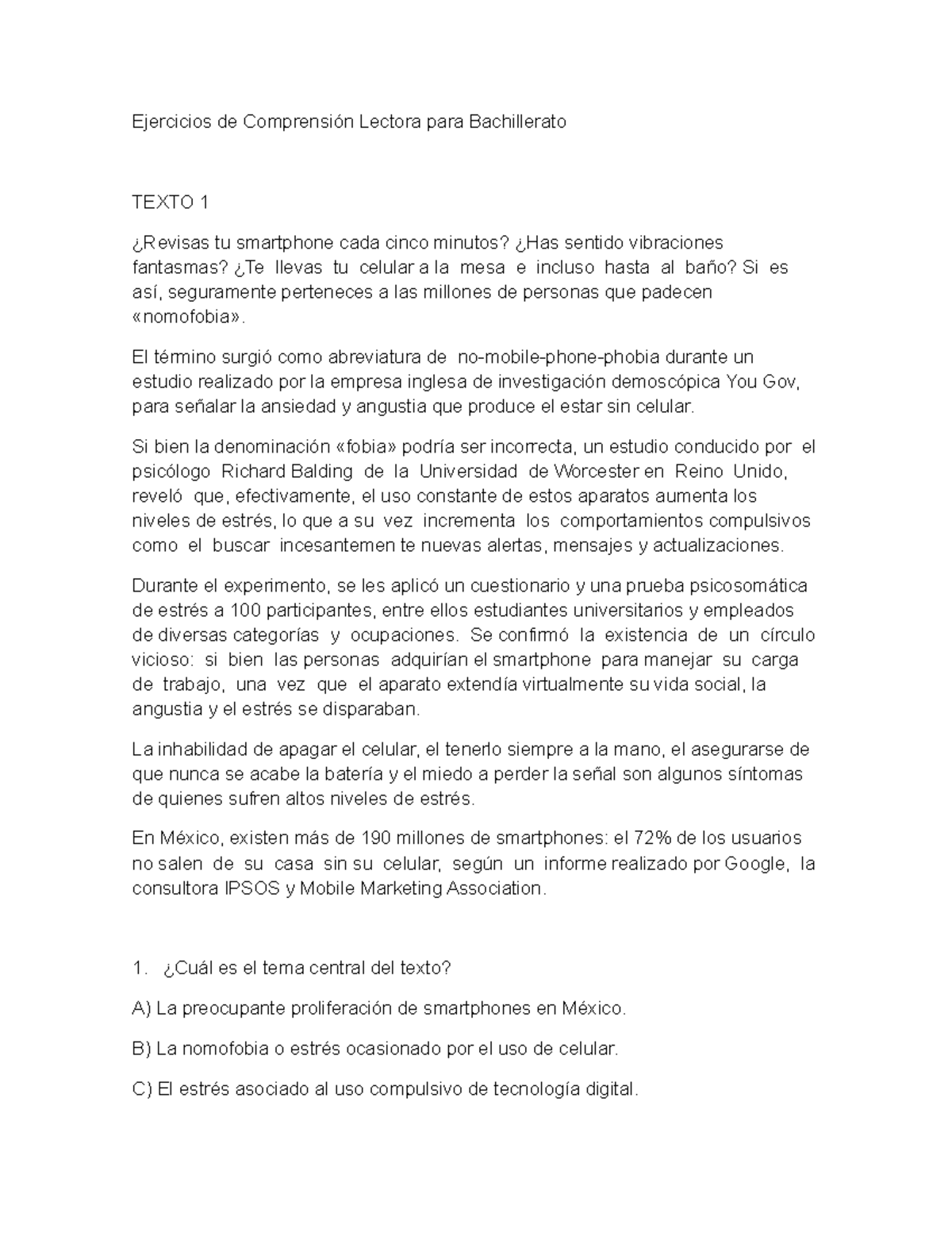1.- Ejercicios de Comprensión Lectora - Ejercicios de Comprensión Lectora para Bachillerato ...