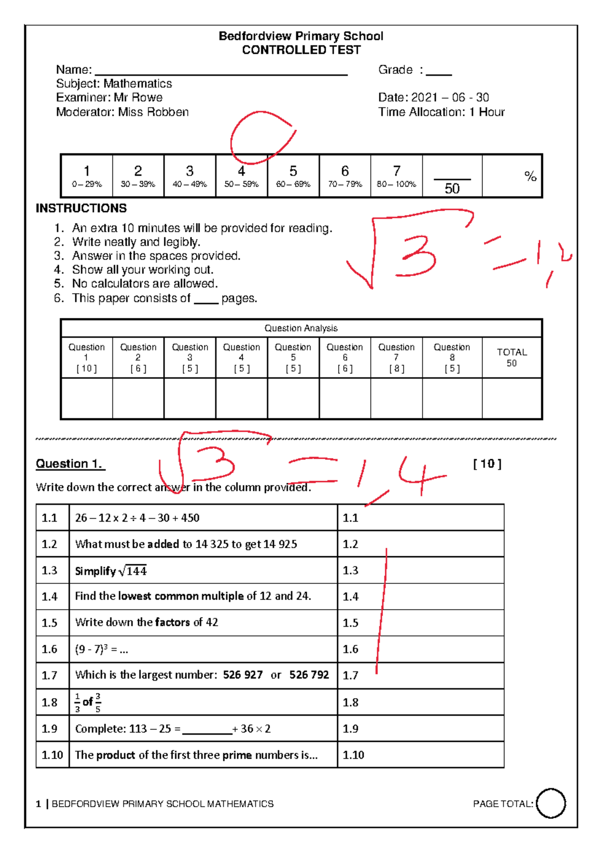 June exam 2021 - Bedfordview Primary School CONTROLLED TEST Name: Grade ...