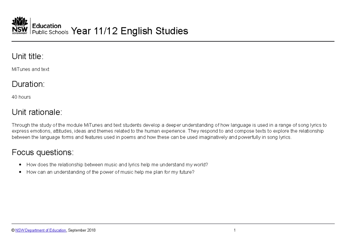 English studies s6 mitunes unit of work - Year 11/12 English Studies ...