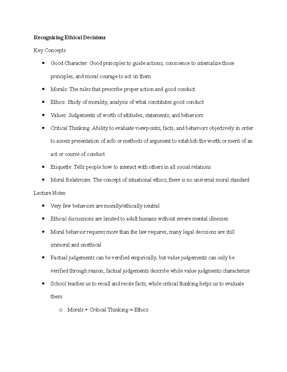 CJ 104 1 - Lecture notes week 1 - Recognizing Ethical Decisions Key ...