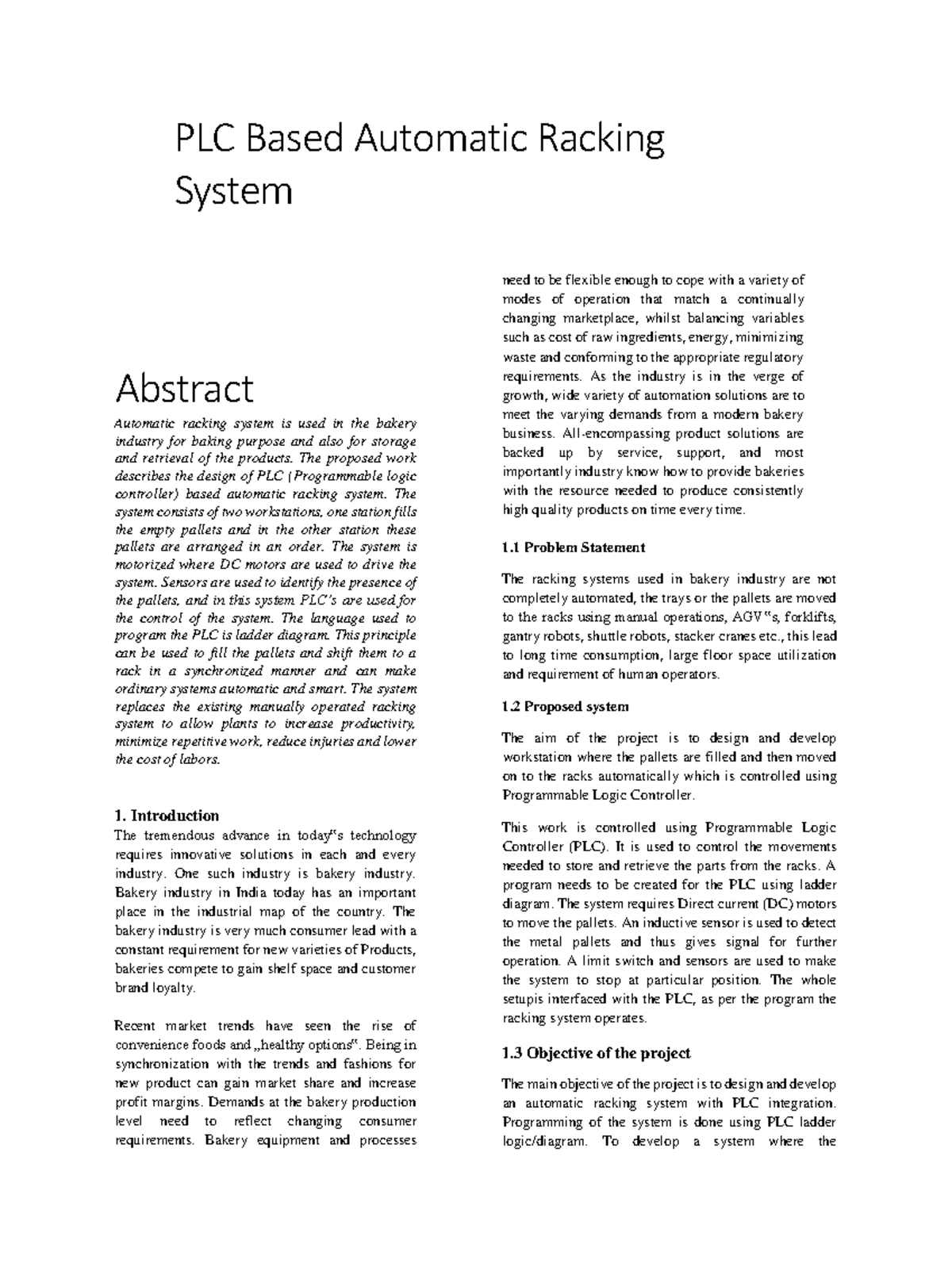 PLC Based Automatic Racking System - PLC Based Automatic Racking System ...