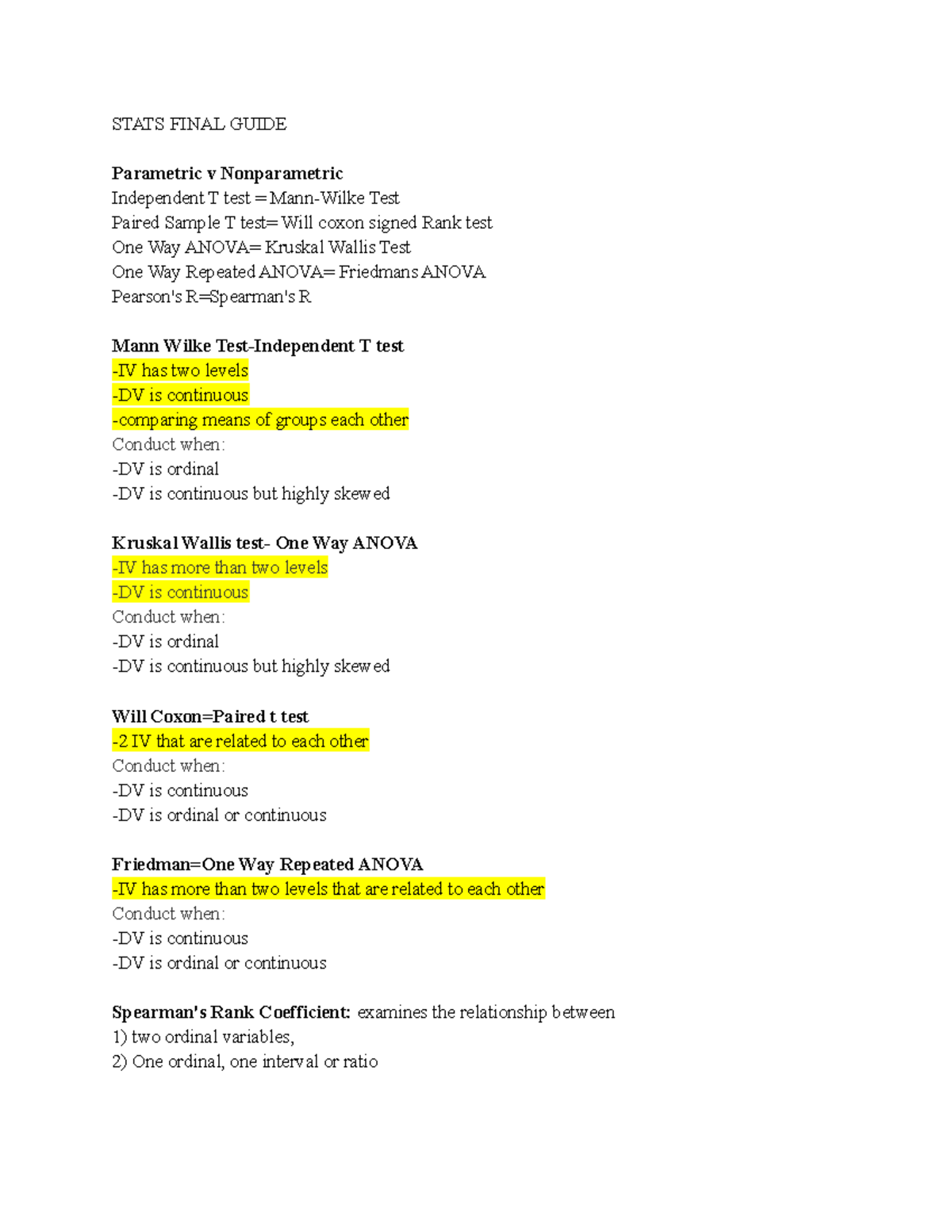 Stats Final Exam Study Guide - STATS FINAL GUIDE Parametric v ...