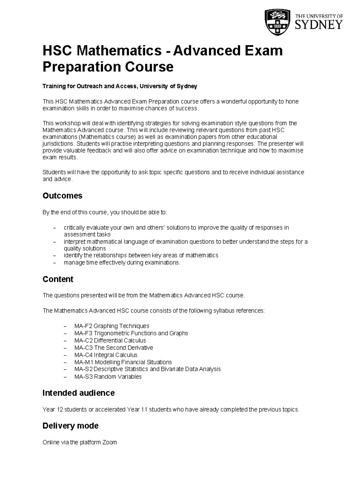 Hsc mathematics advanced exam preparation course - HSC Mathematics ...