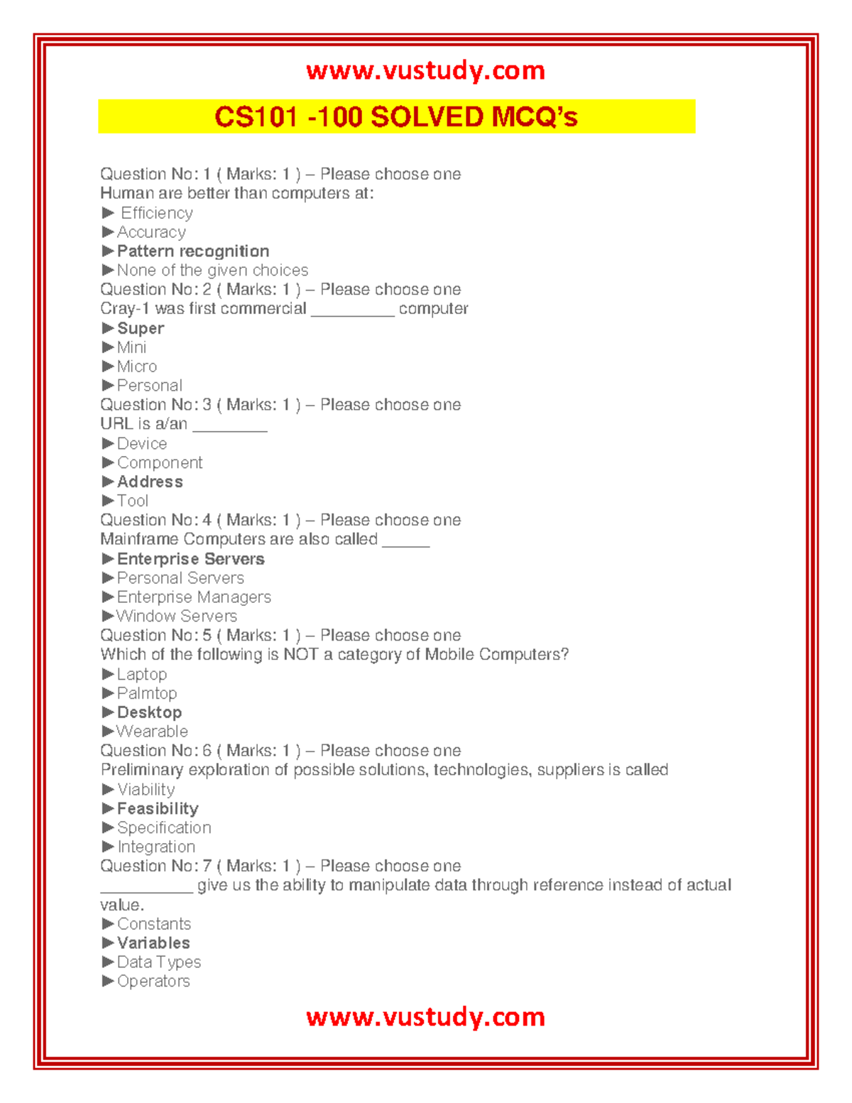 CS101 100 Solved Midterm MCQ’s 1 - CS 101 - 100 SOLVED MCQ’s Question No: 1 ( Marks: 1 ...