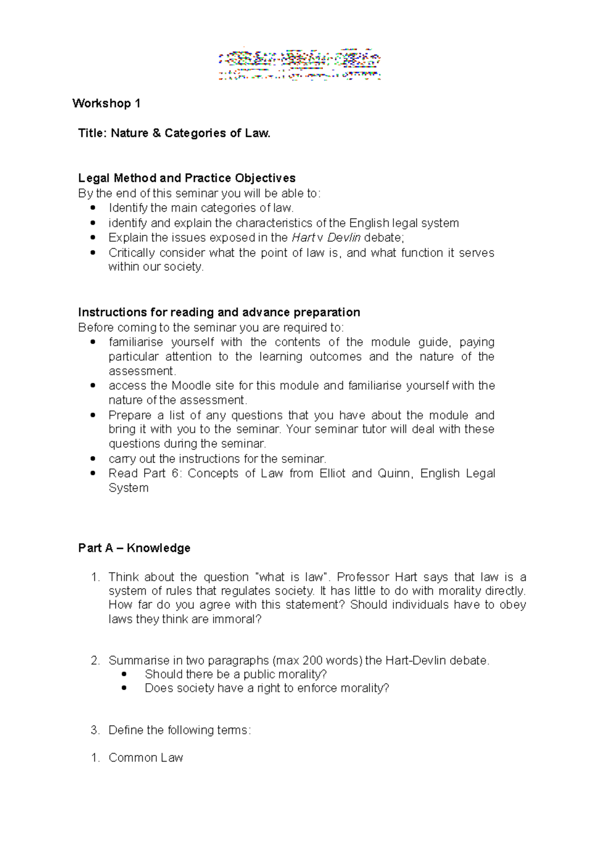 Workshop 1 (2020-2021) - Workshop 1 Title: Nature & Categories of Law ...