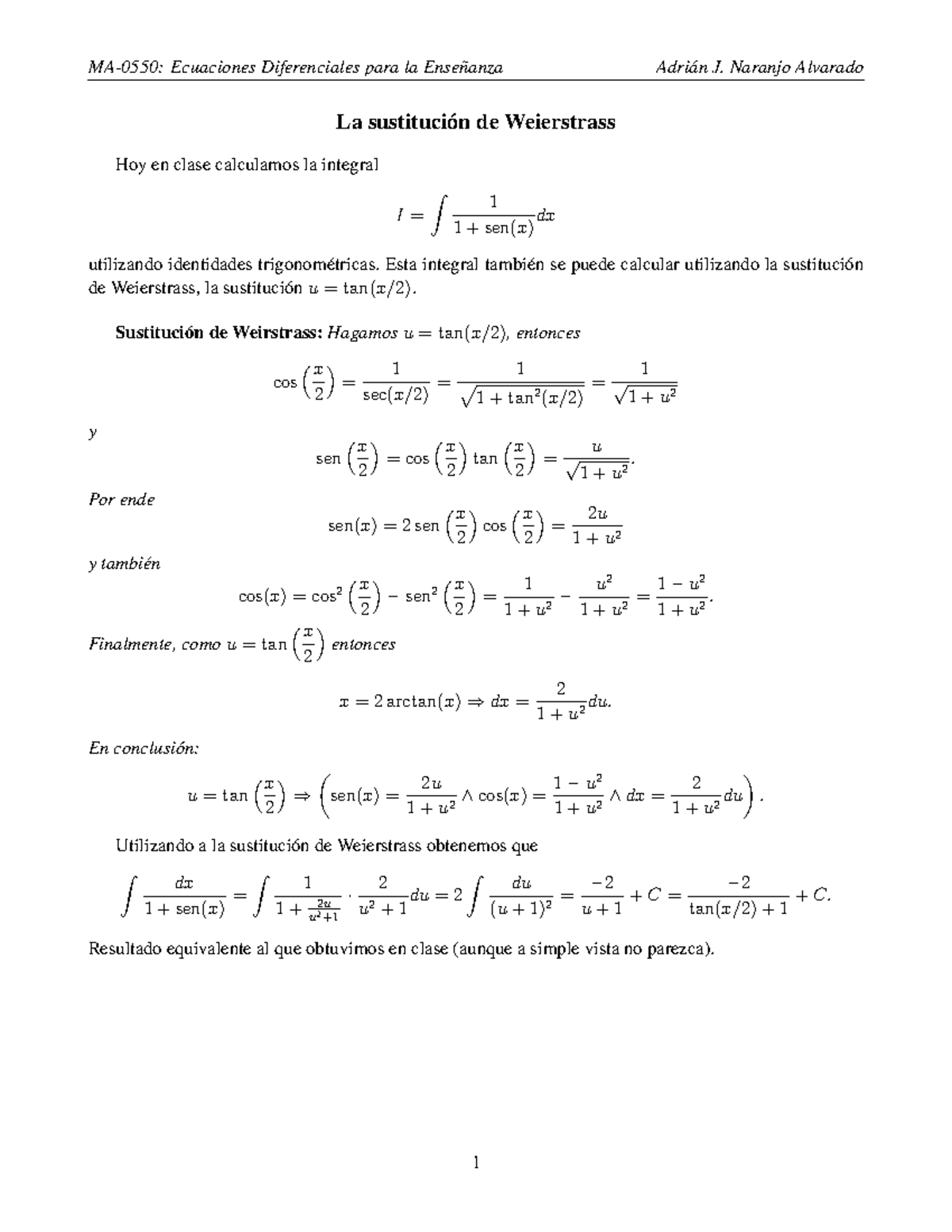 Sustitución Weierstrass - MA-0550: Ecuaciones Diferenciales para la ...