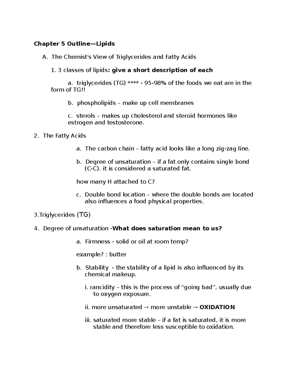 CH5 outline DONE Nutrition - Chapter 5 Outline—Lipids A. The Chemist's ...