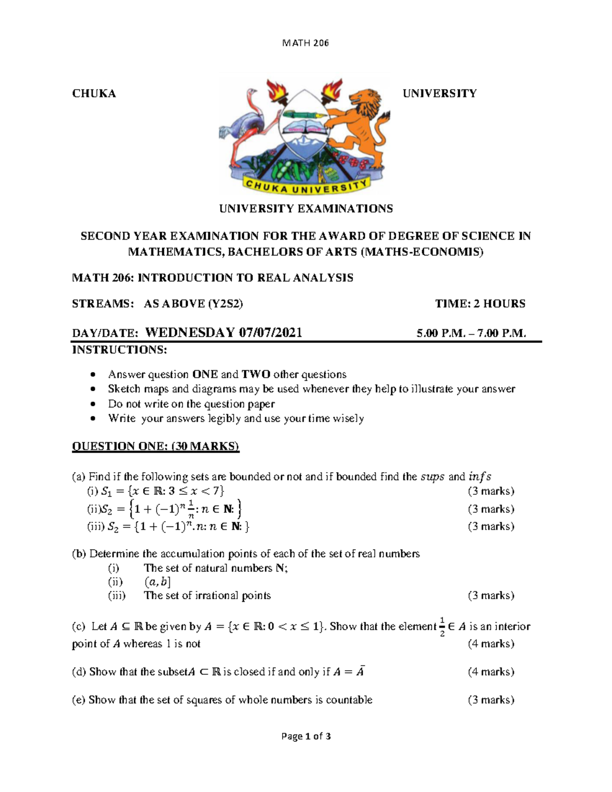 MATH 206-1 - Non - MATH 206 Page 1 of 3 CHUKA UNIVERSITY UNIVERSITY ...