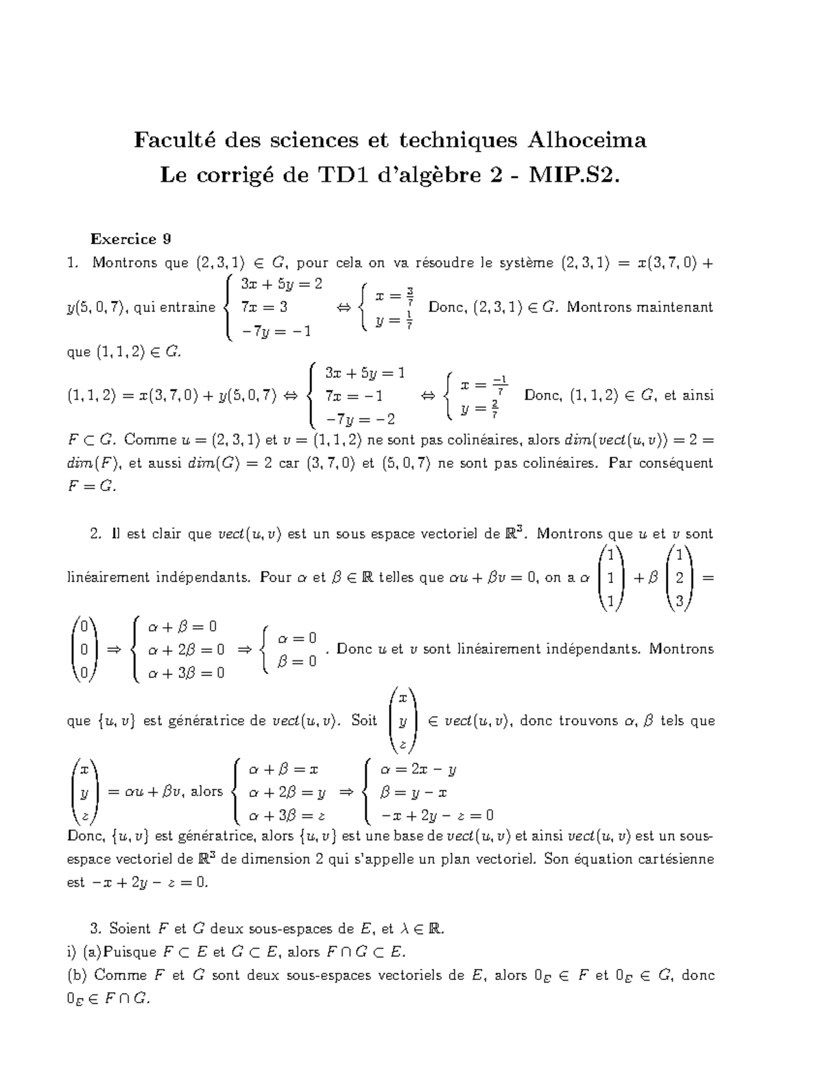 Corrigé de TD1-espace vectoriel - Facult ́e des sciences et techniques Alhoceima Le corrig ́e de ...