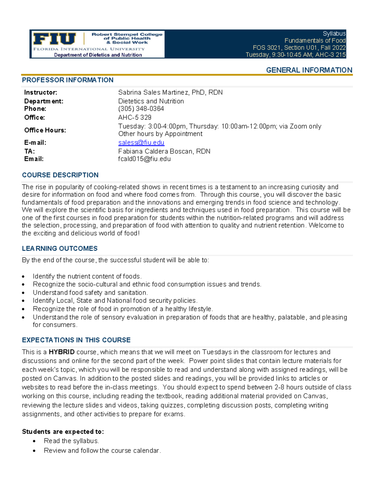 FOS3021 Fall2022 Syllabus-Martinez-Final - Syllabus Fundamentals of ...