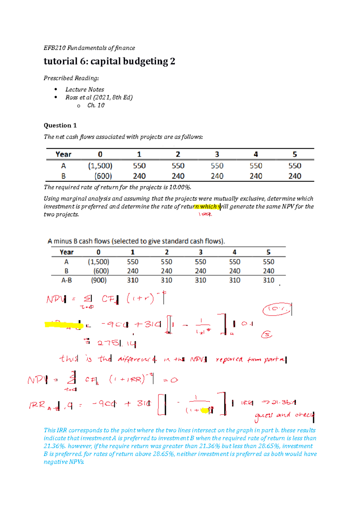 T7 capital budgeting 2 - EFB210 Fundamentals of finance tutorial 6 ...