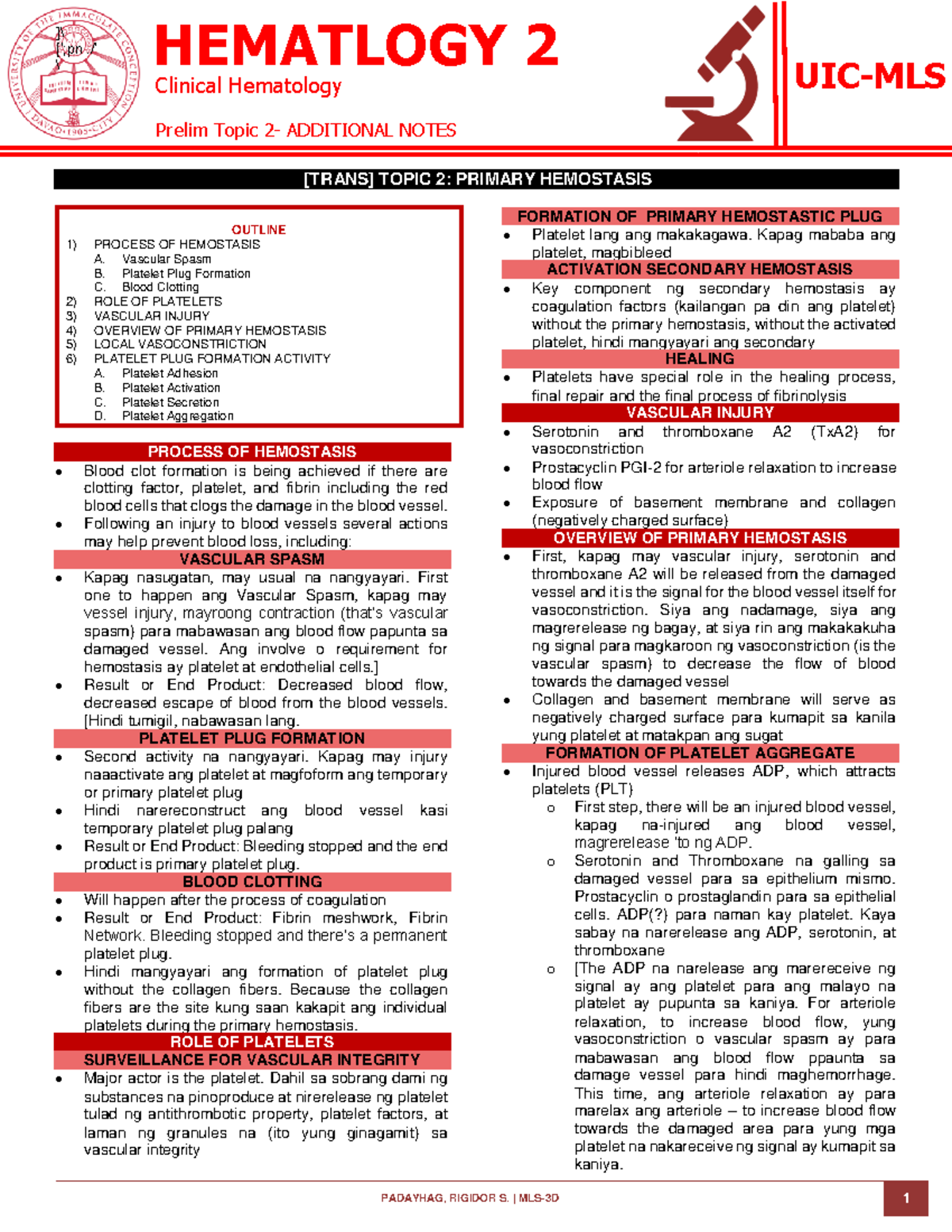 HEMA 2- Prelim Topic 2- Additional Notes Primary Hemostasis - PADAYHAG ...