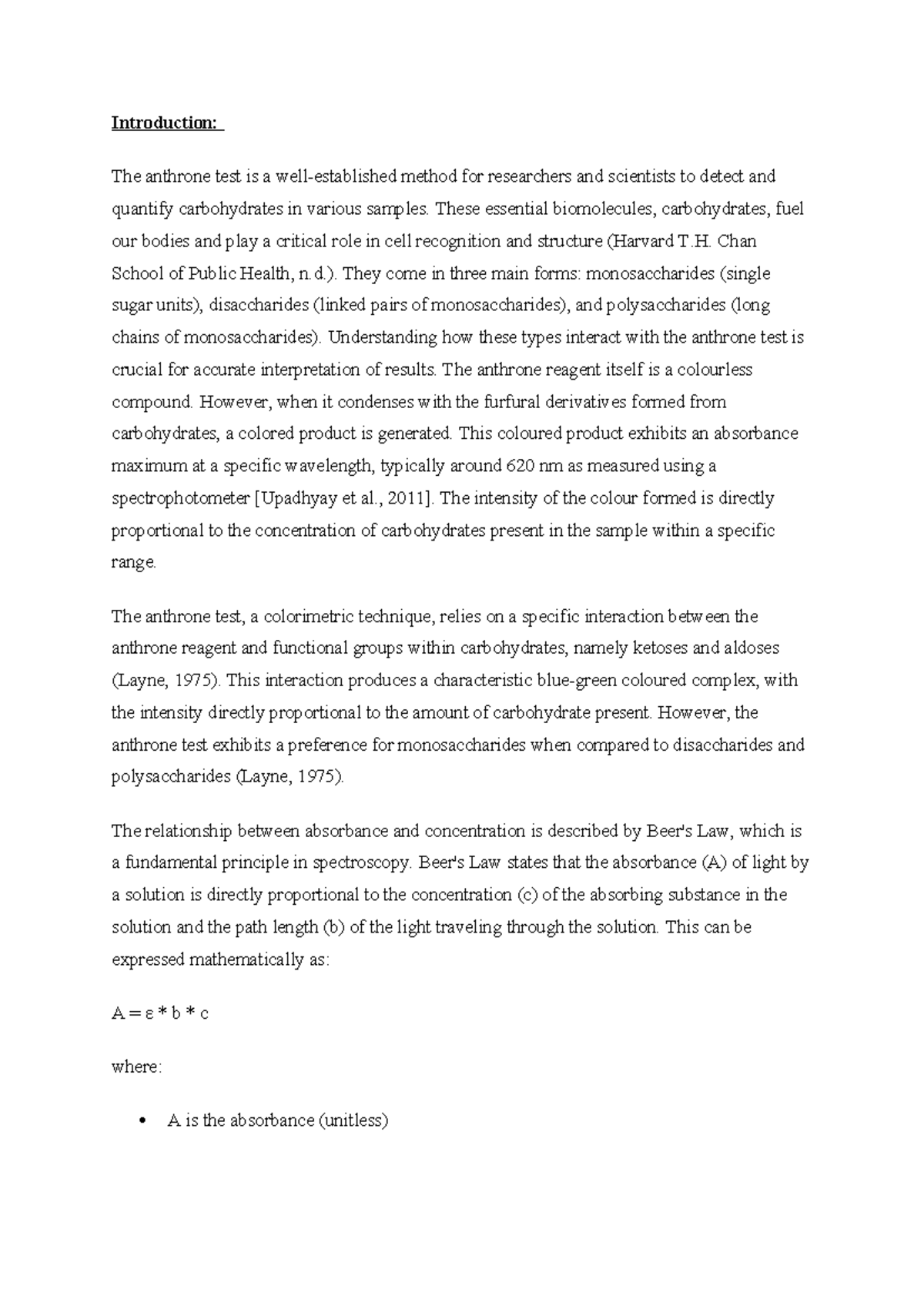 Biochemistry experiment 8 - Introduction: The anthrone test is a well ...