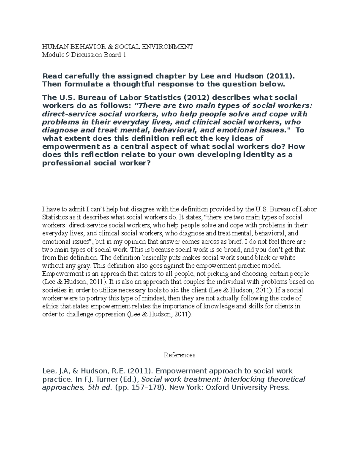 M9 discussion 1 - HUMAN BEHAVIOR & SOCIAL ENVIRONMENT Module 9 ...