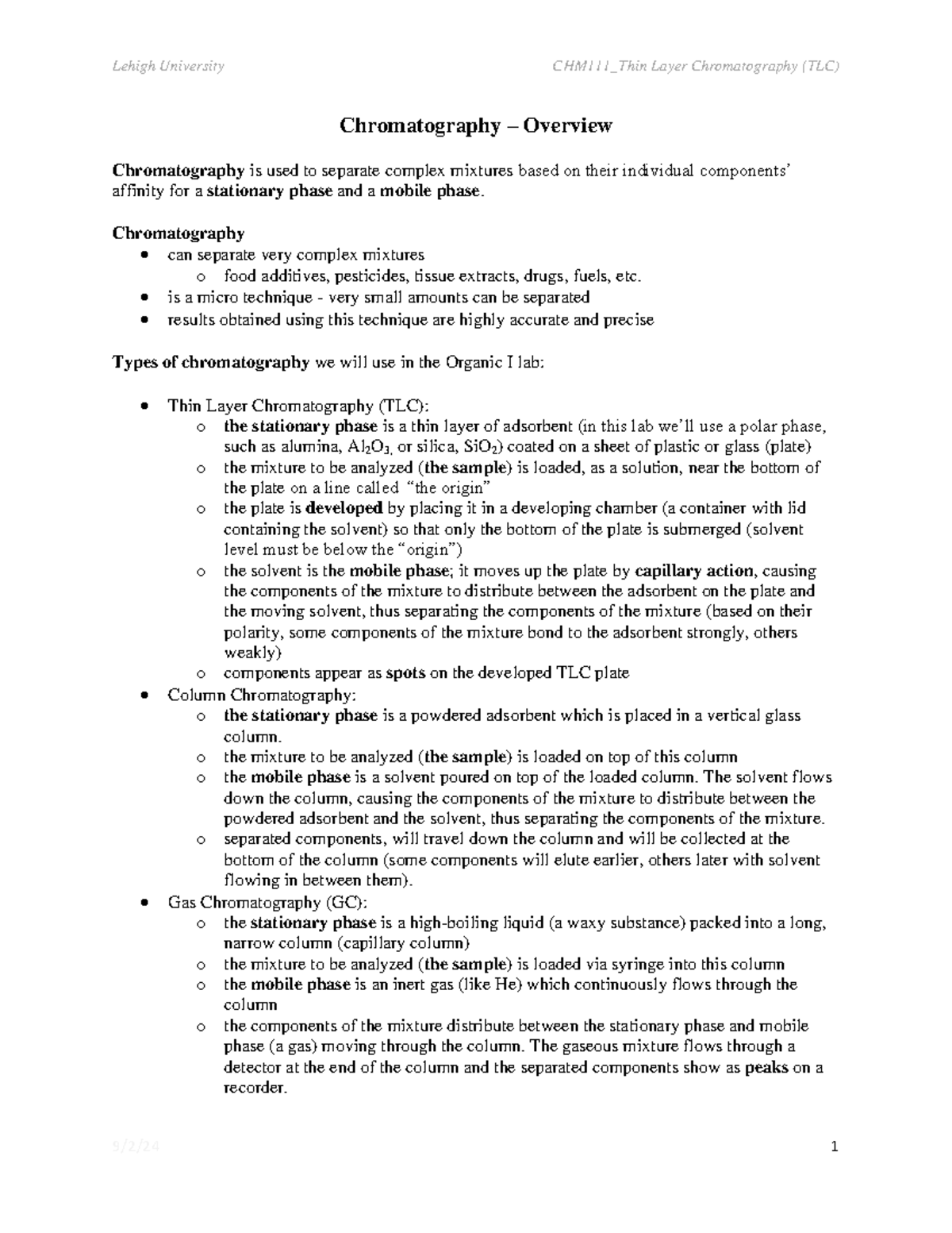 0 TLC Handout - lab - Chromatography – Overview Chromatography is used ...