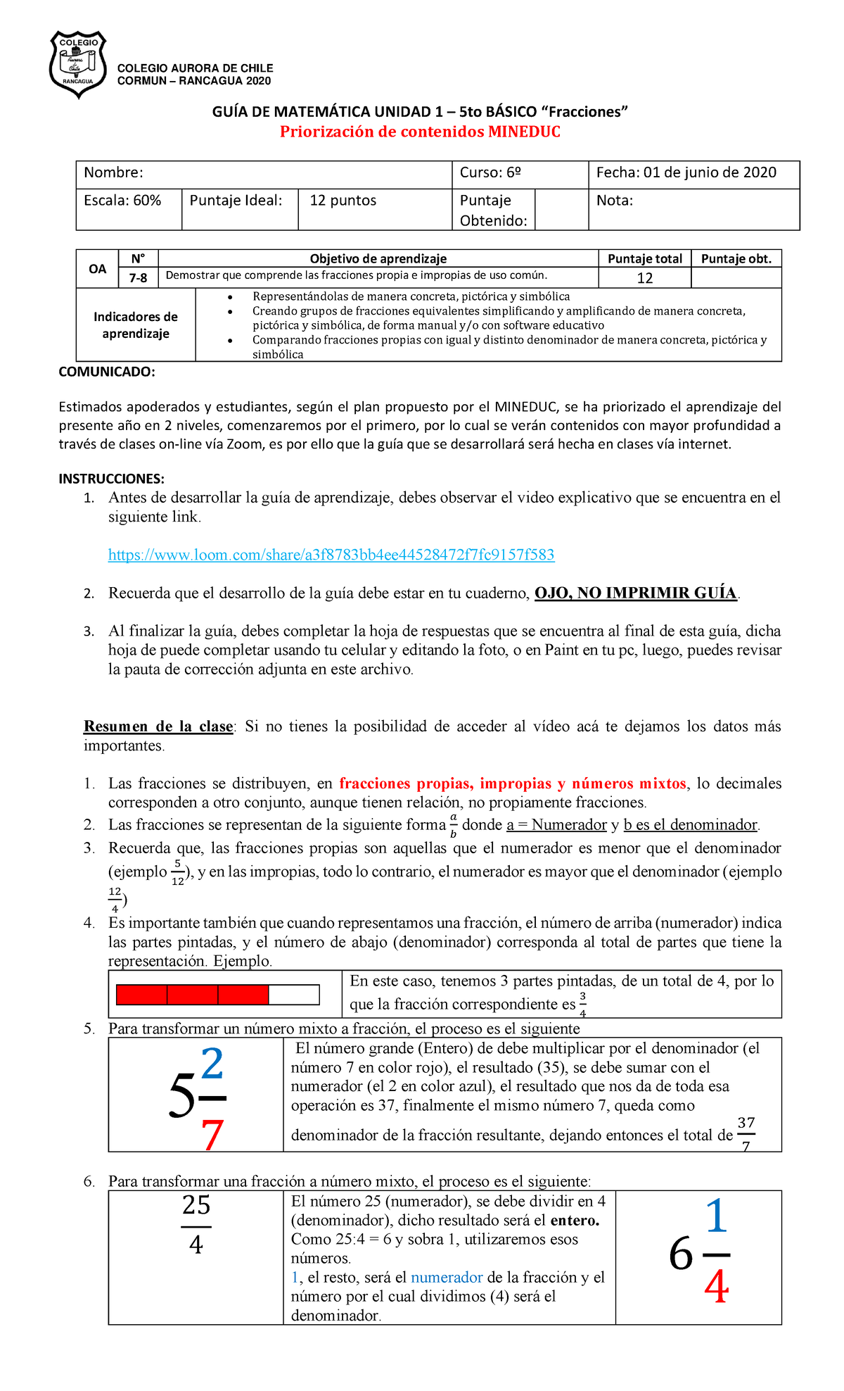 5MAT GUIA S11 - Guía de fracciones. - CORMUN – RANCAGUA 2020 GUÕA DE MATEM¡TICA UNIDAD 1 – 5to ...