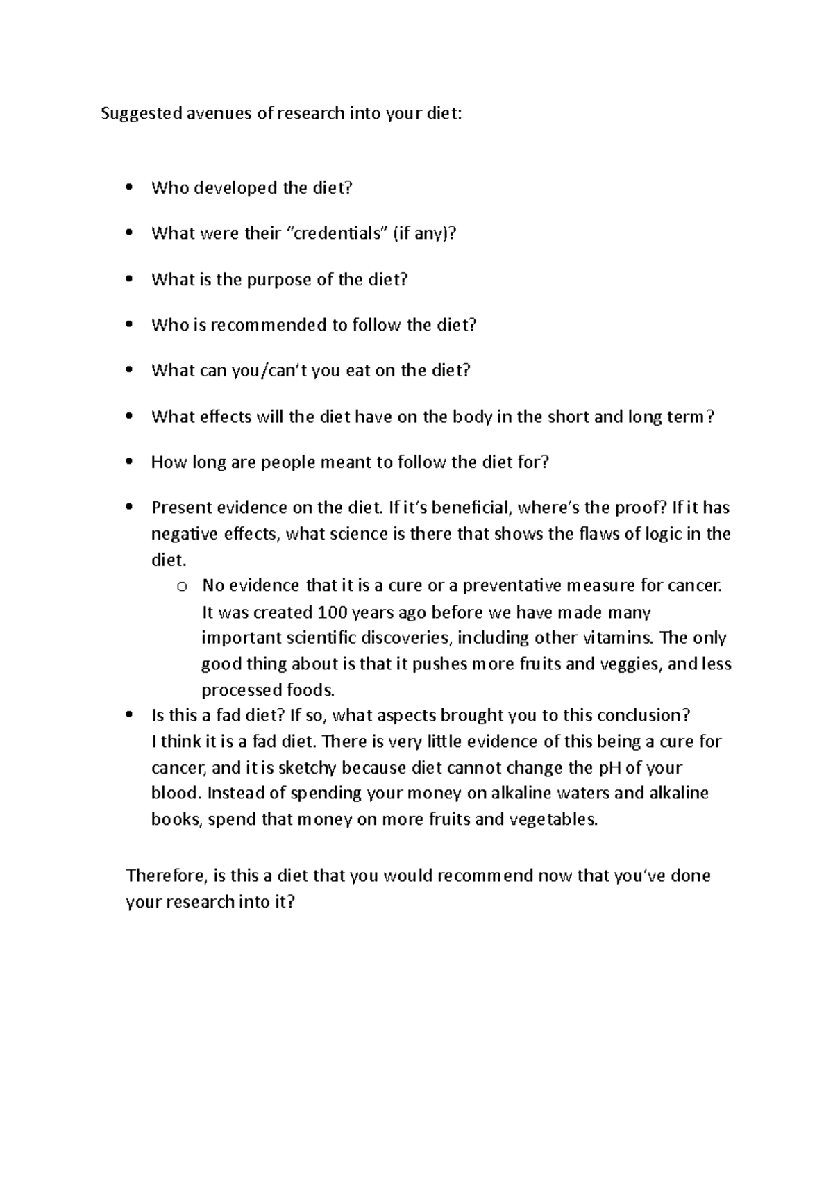 Tutorial 9 - Fad dieting research questions - Suggested avenues of ...