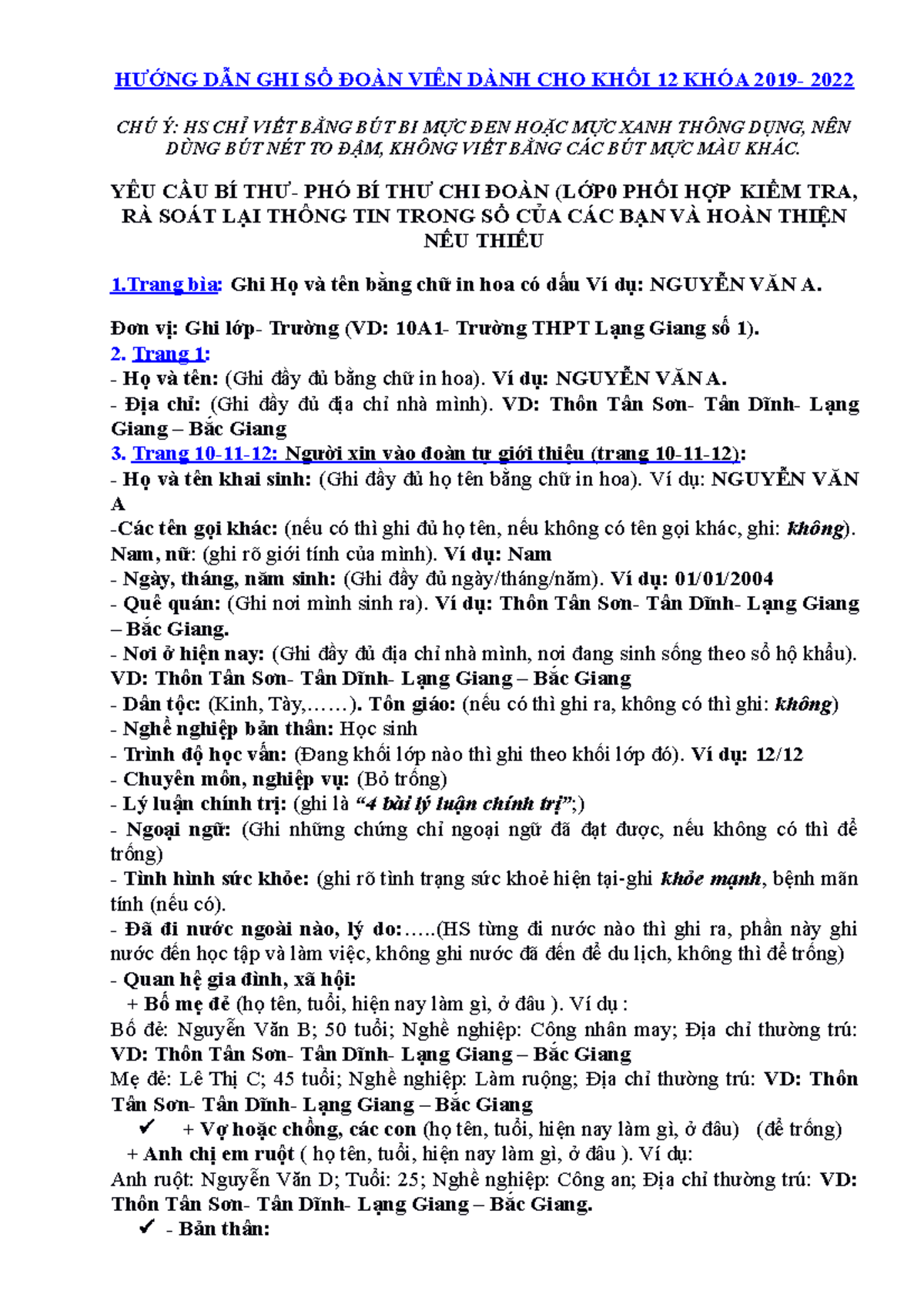 Khối 12 Huong dan hoan thien ghi so doan vien 2021-2022 - HƯỚNG DẪN GHI ...