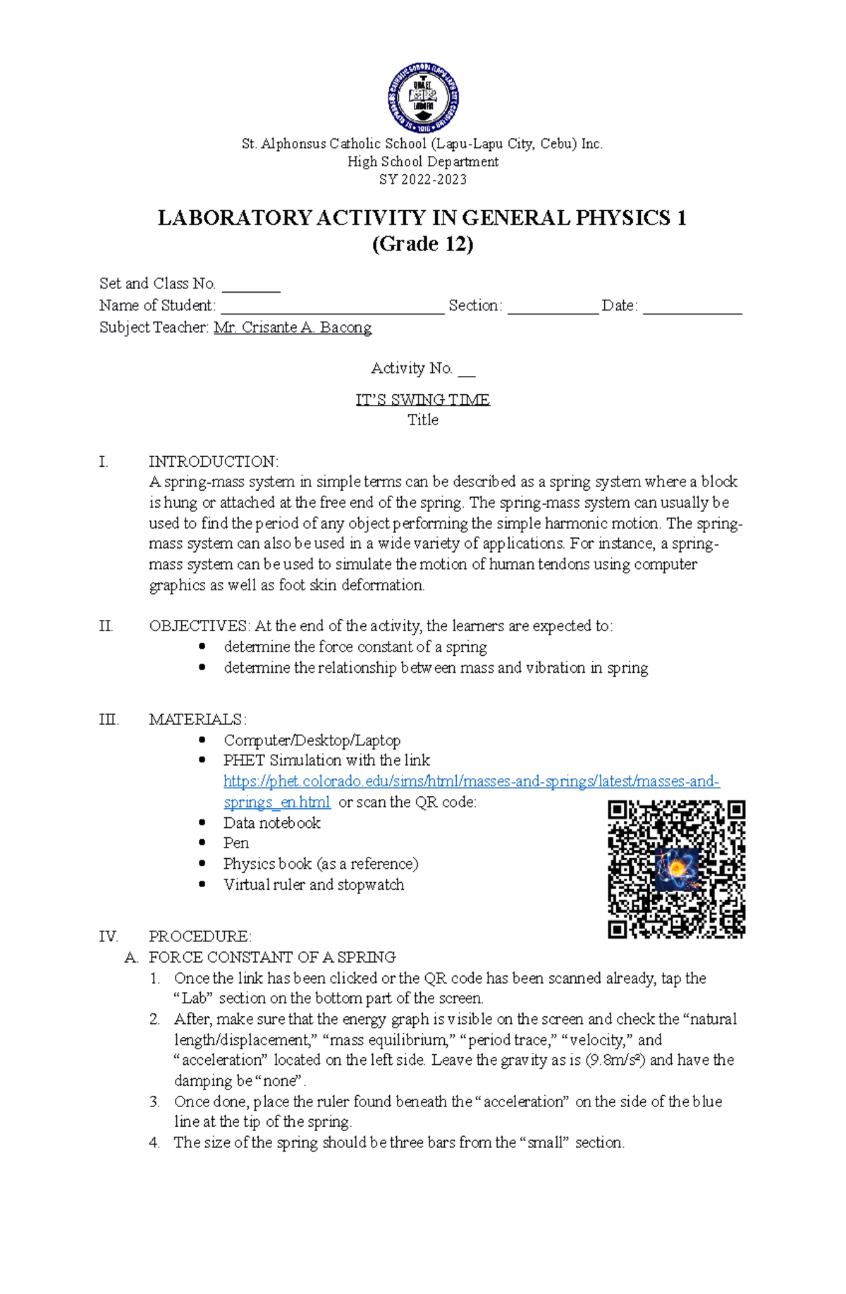 Laboratory activity its swing time - St. Alphonsus Catholic School ...