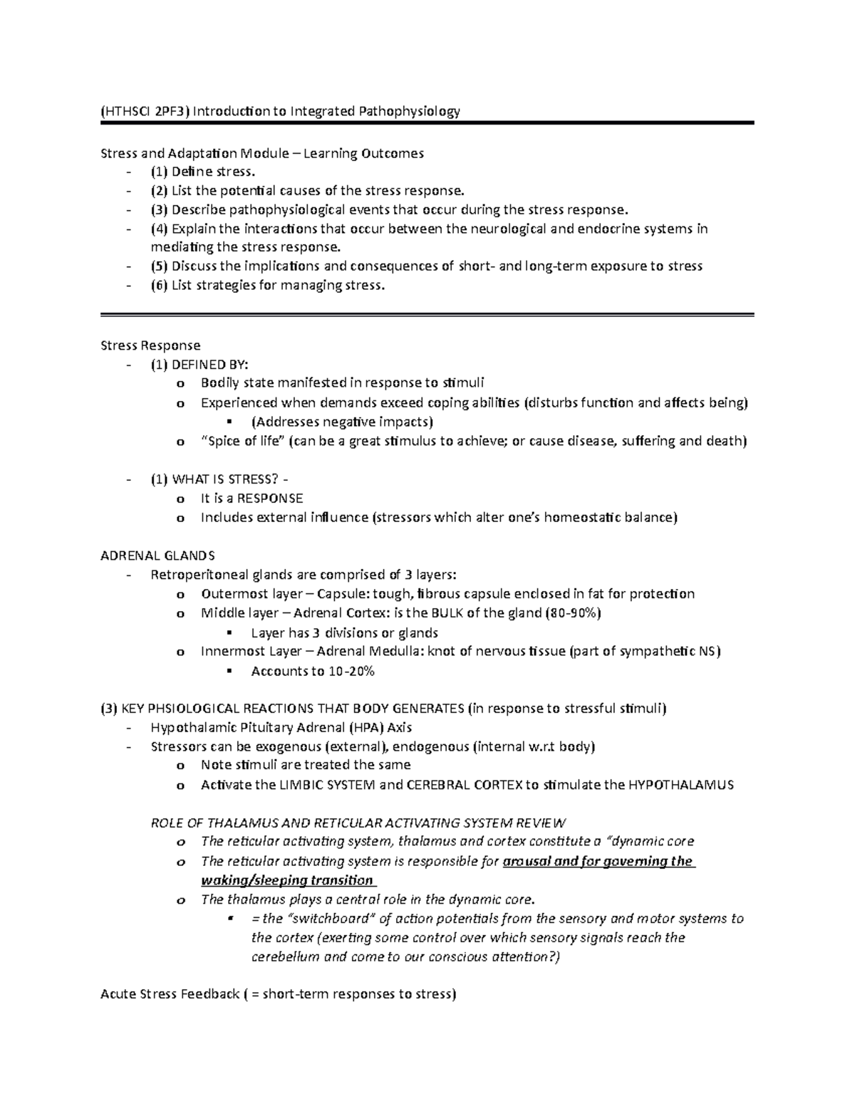 ( Hthsci 2PF3) Stress - Module Notes - (HTHSCI 2PF3) Introduction to ...