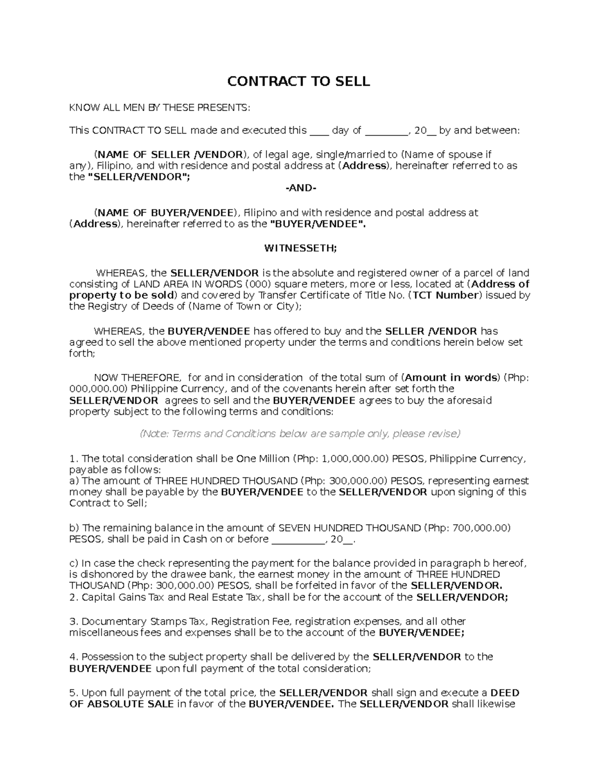 Contract to Sell LAND Title - CONTRACT TO SELL KNOW ALL MEN BY THESE ...