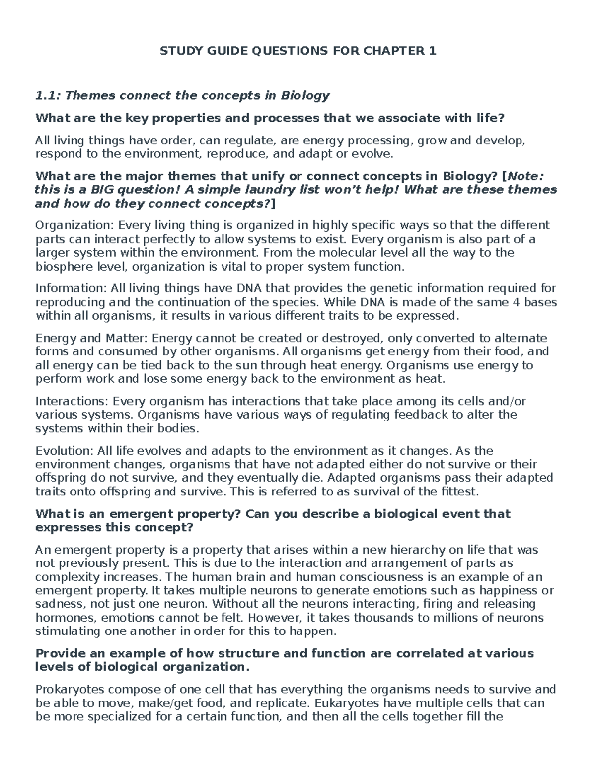 Study Guide 1 - Campbell Biology Textbook, Dr. O'Quinn - STUDY GUIDE ...