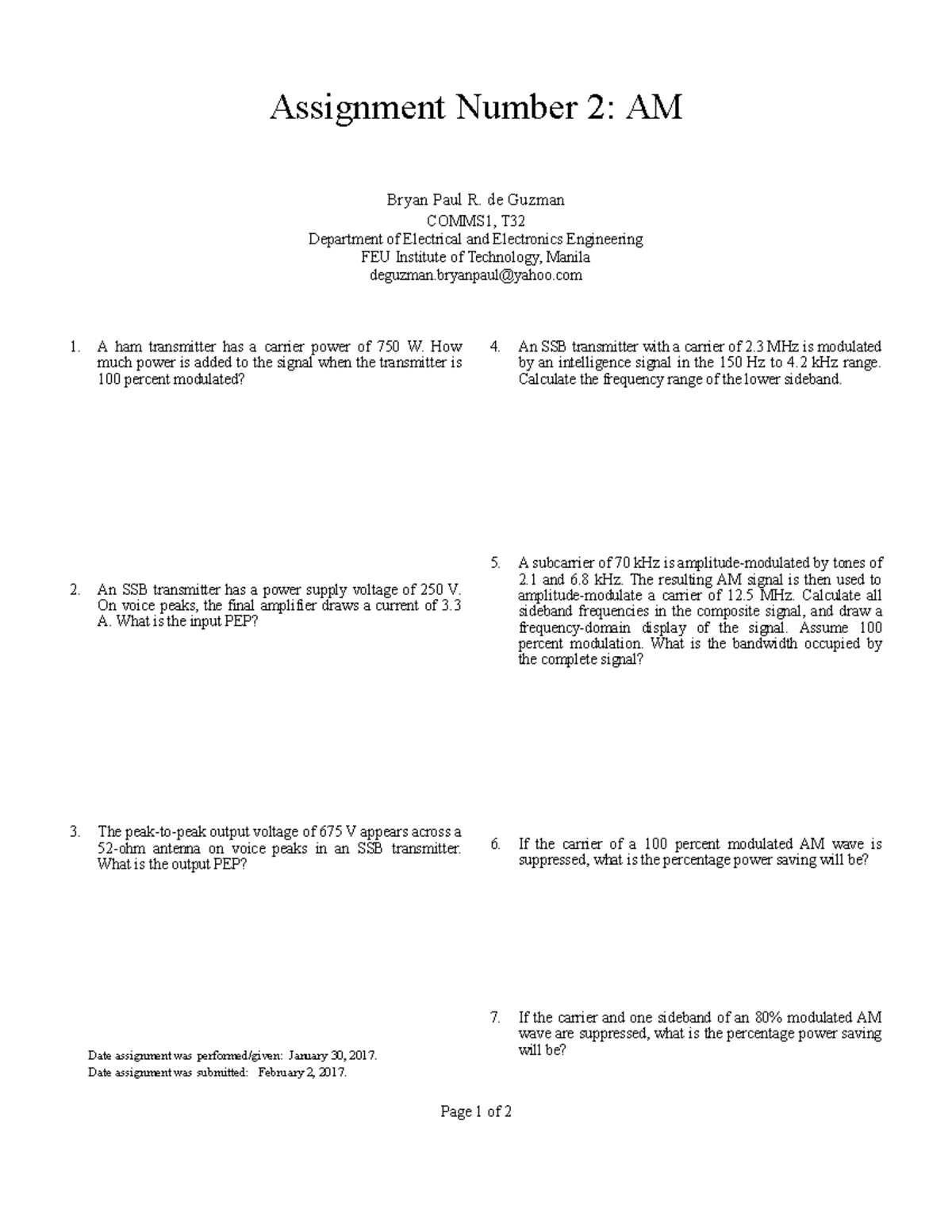 Pdfcoffee - Assignment Number 2: AM Bryan Paul R. de Guzman COMMS1, T Department of Electrical ...